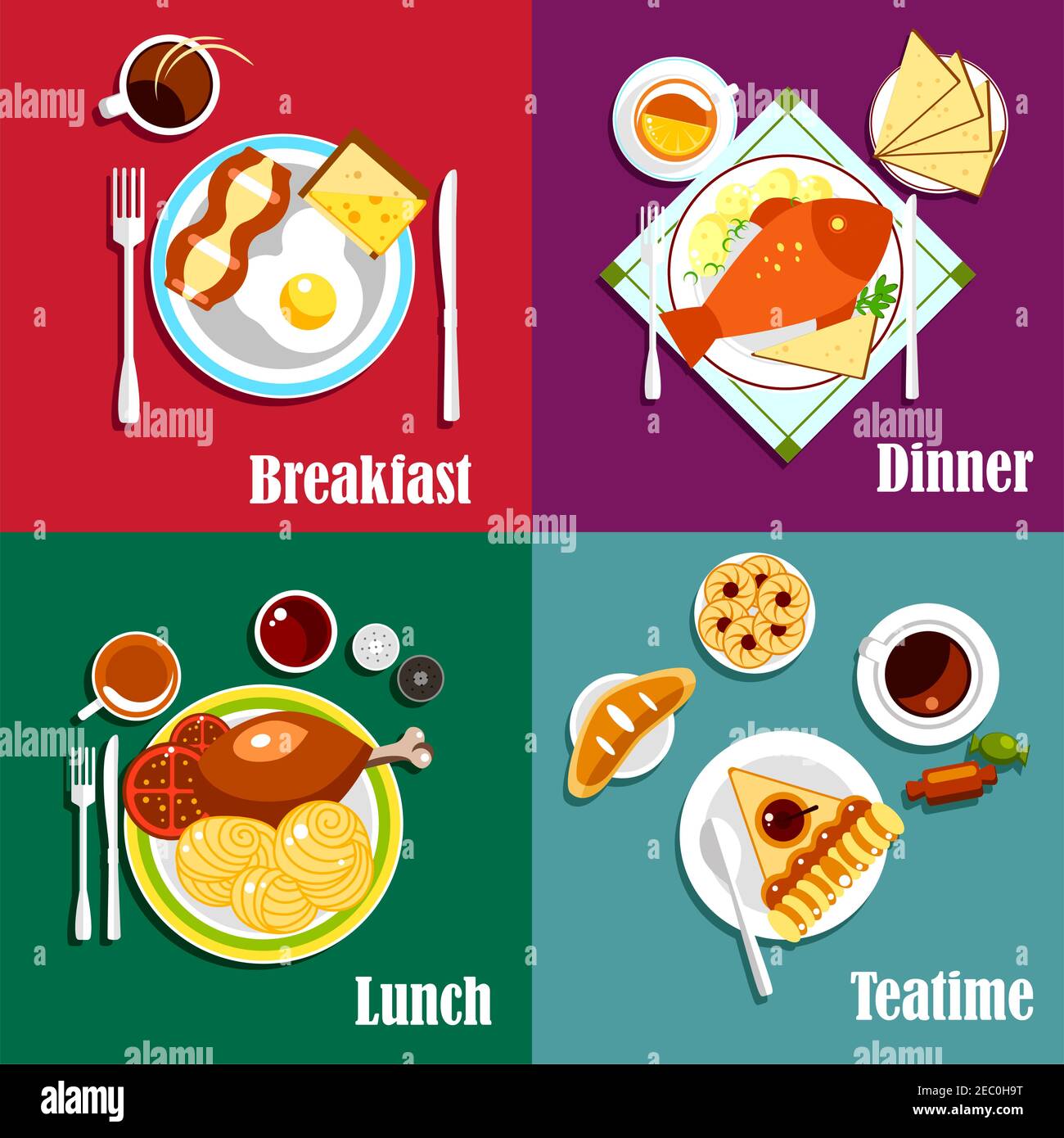 Petit déjeuner continental, déjeuner et dîner avec œufs, bacon et café ...