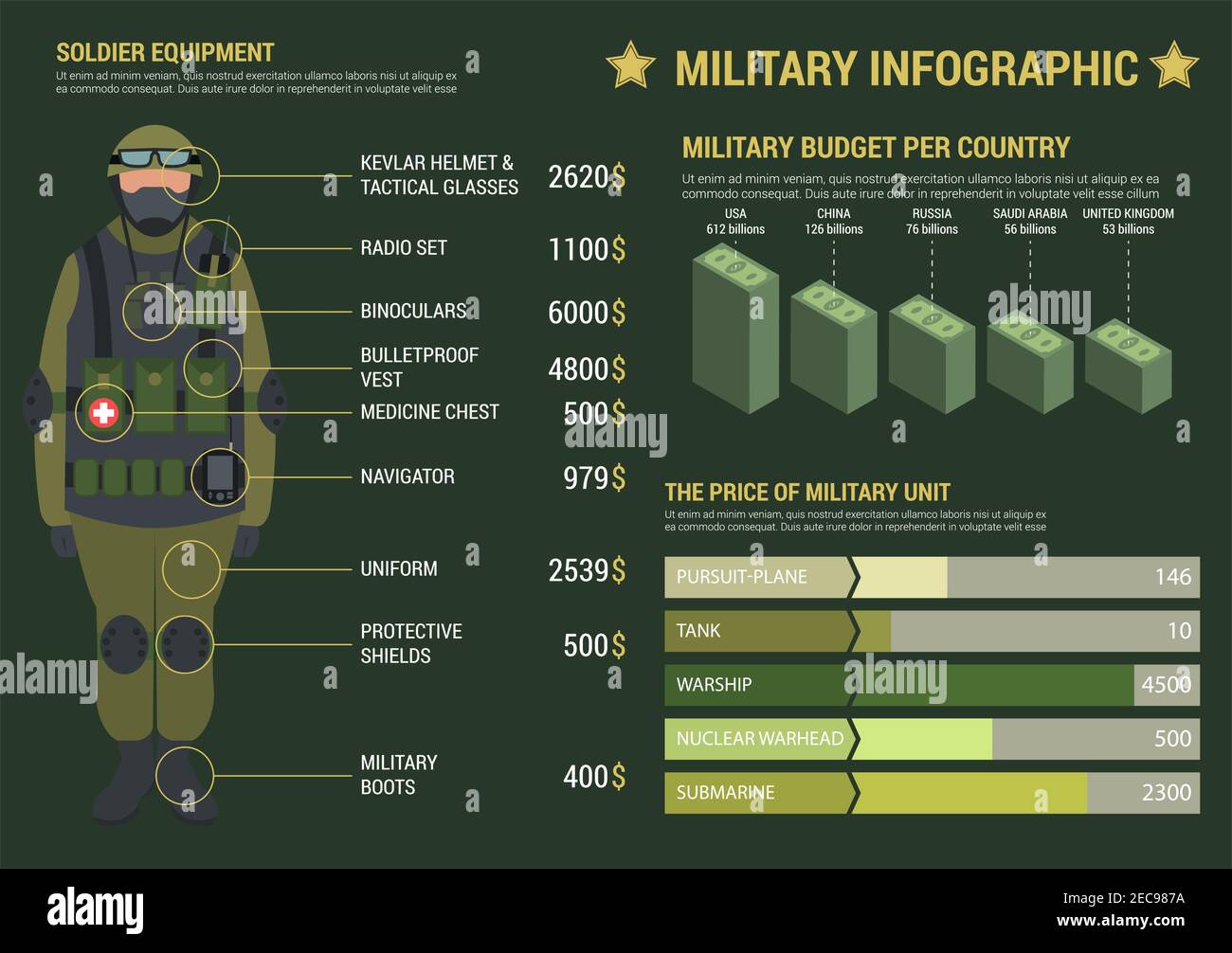 Modèle d'affiche d'infographie militaire. Budget, dépenses et ...