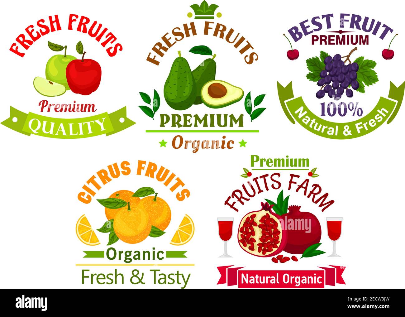 Meilleurs fruits frais juteux. Icônes vectorielles de pomme, avocat ...