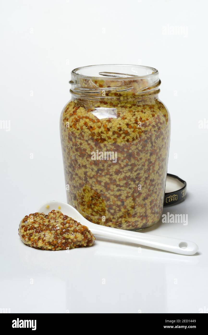 Moutarde à grain grossier en verre avec cuillère, moutarde de Dijon ...
