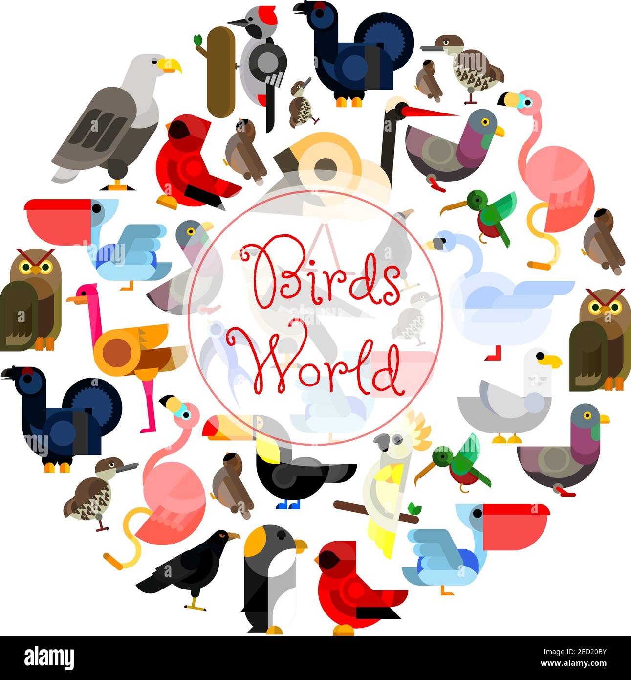 Emblème du zoo Birds World. Caricature graphique stylisé icônes plates ...