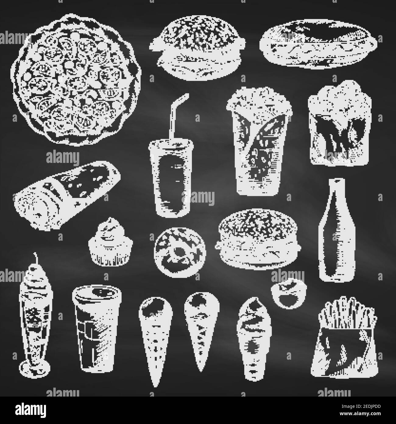 Fast Food esquisse des icônes isolées. Collations et boissons à craquer ...