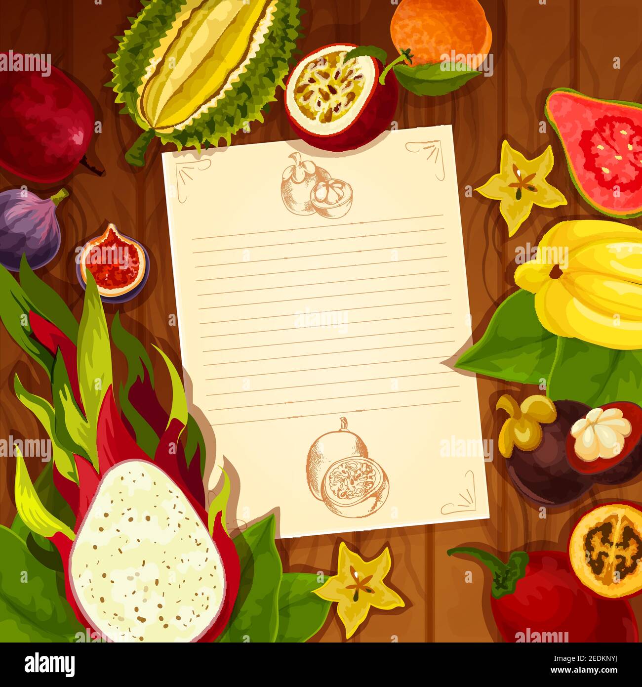 Recette page vierge de fruits exotiques et tropicaux. Dessin de note ...