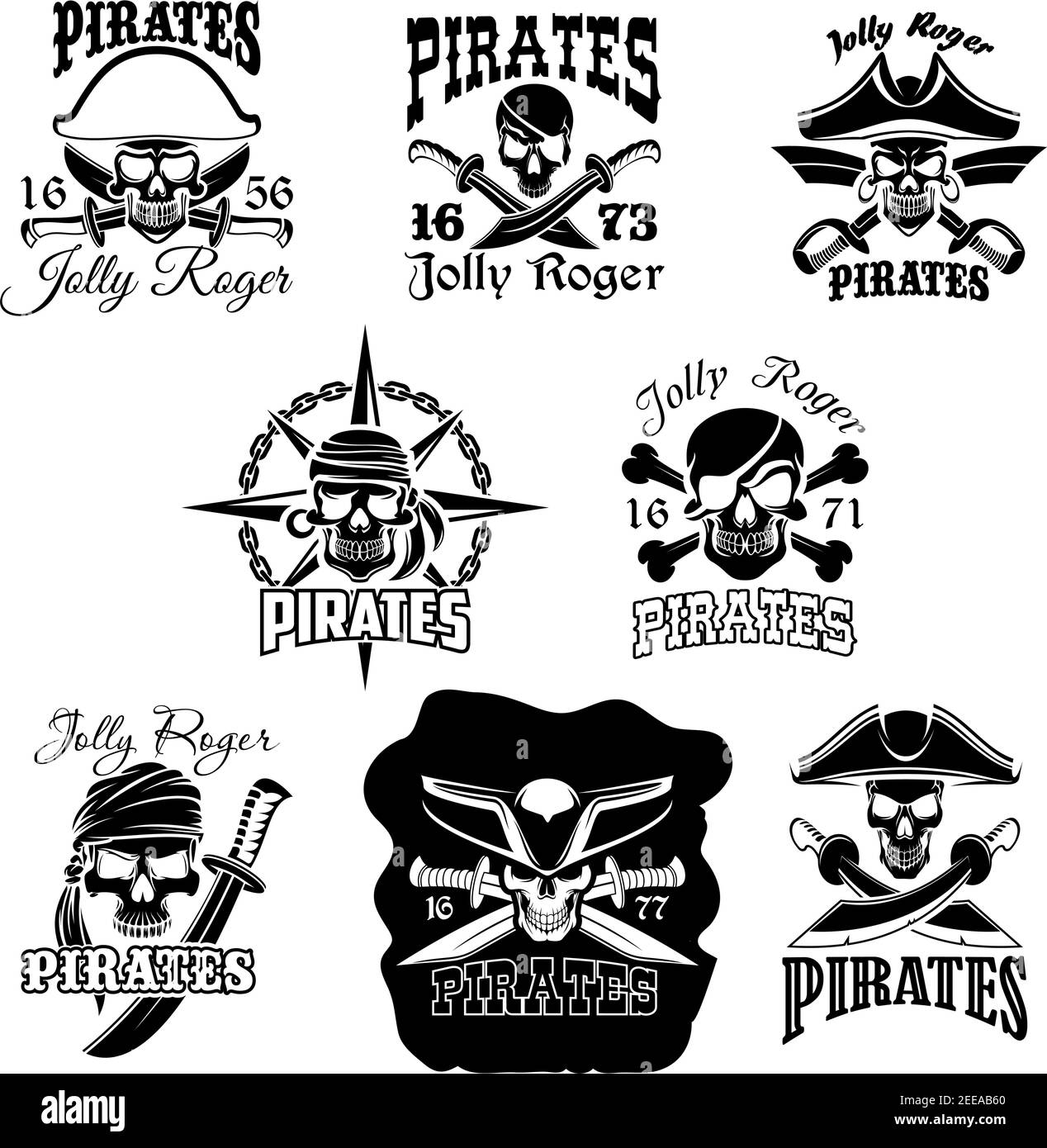 Crâne pirate avec icônes crossbone. Jolly Roger drapeau pirate symbole ...