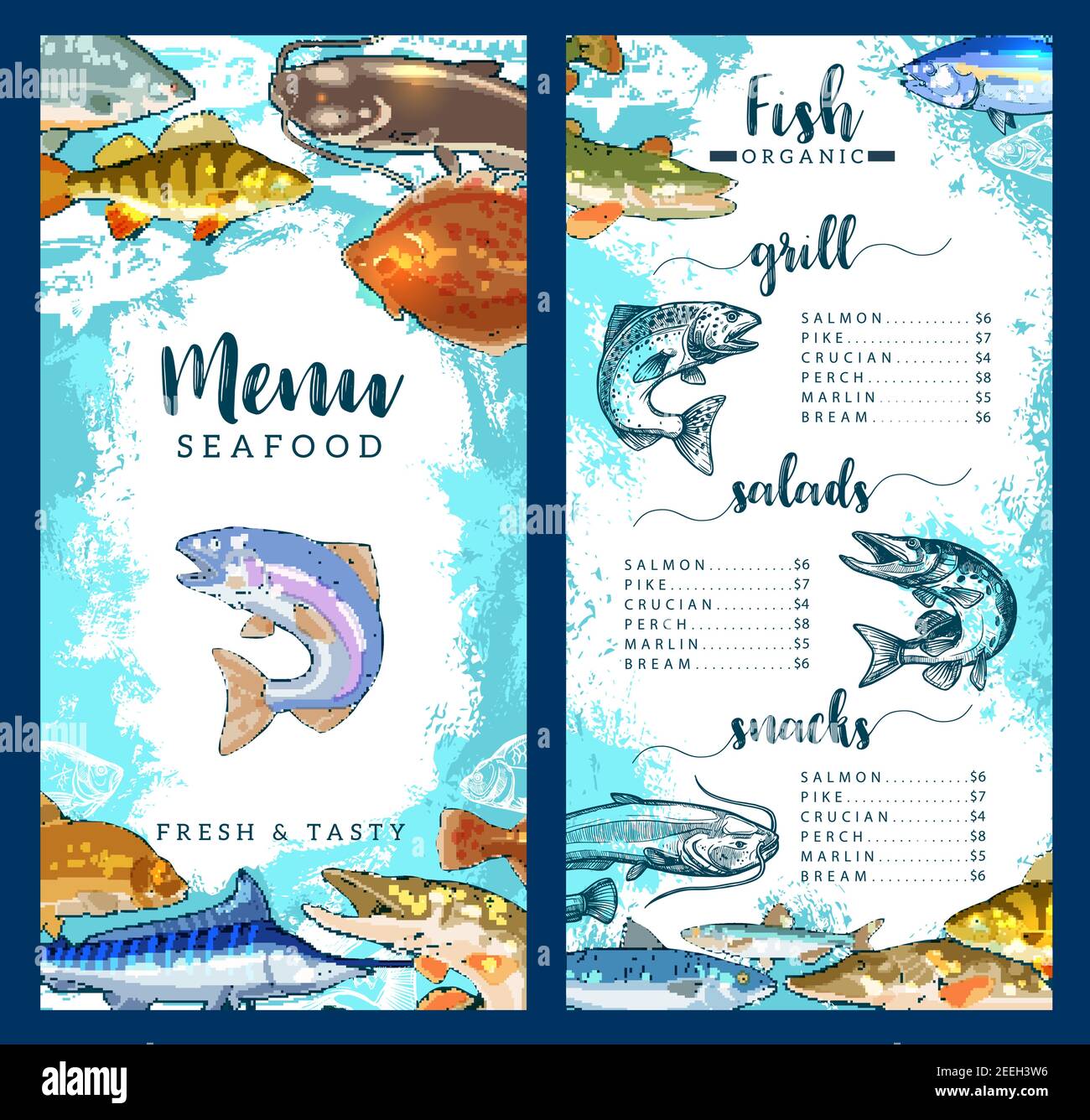 Menu du restaurant de fruits de mer et de poisson composé de plats de ...