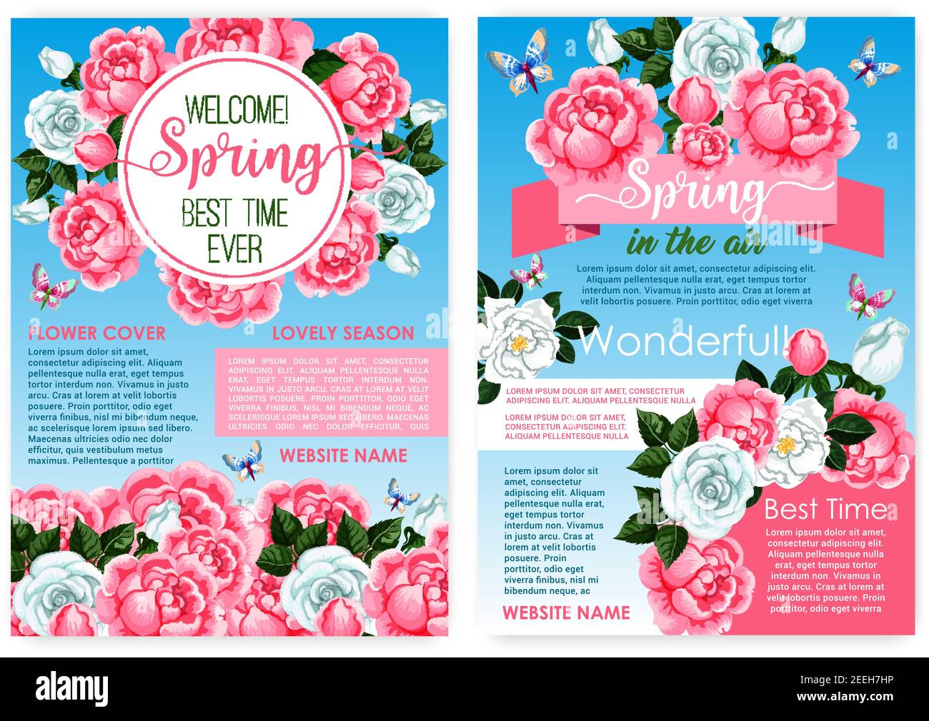 Ensemble d'affiches vectorielles printanières de bienvenue avec roses ...