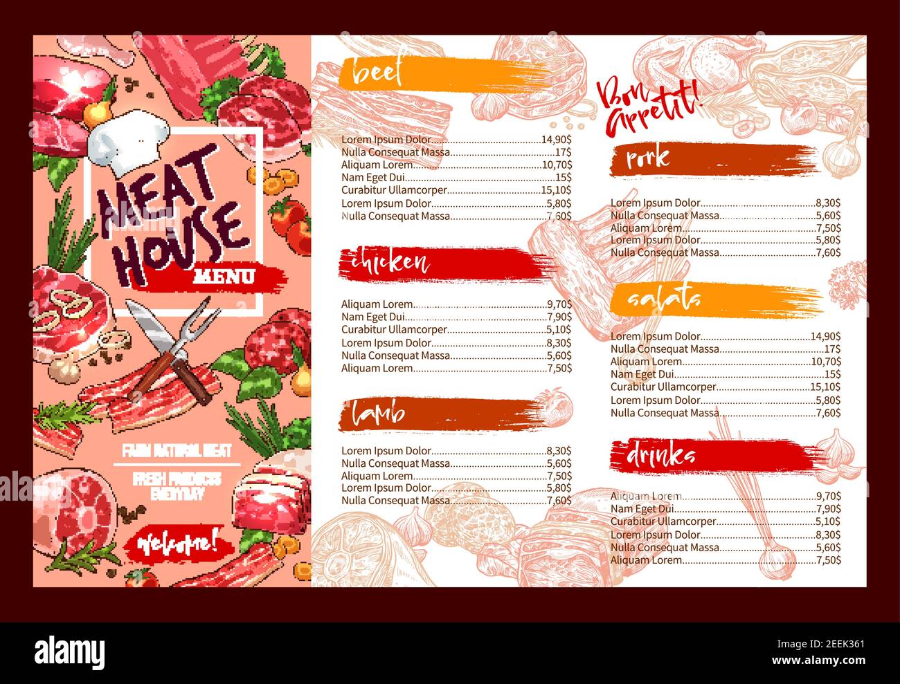 Modèle de menu du restaurant de viande. Boucherie vectorielle produits ...