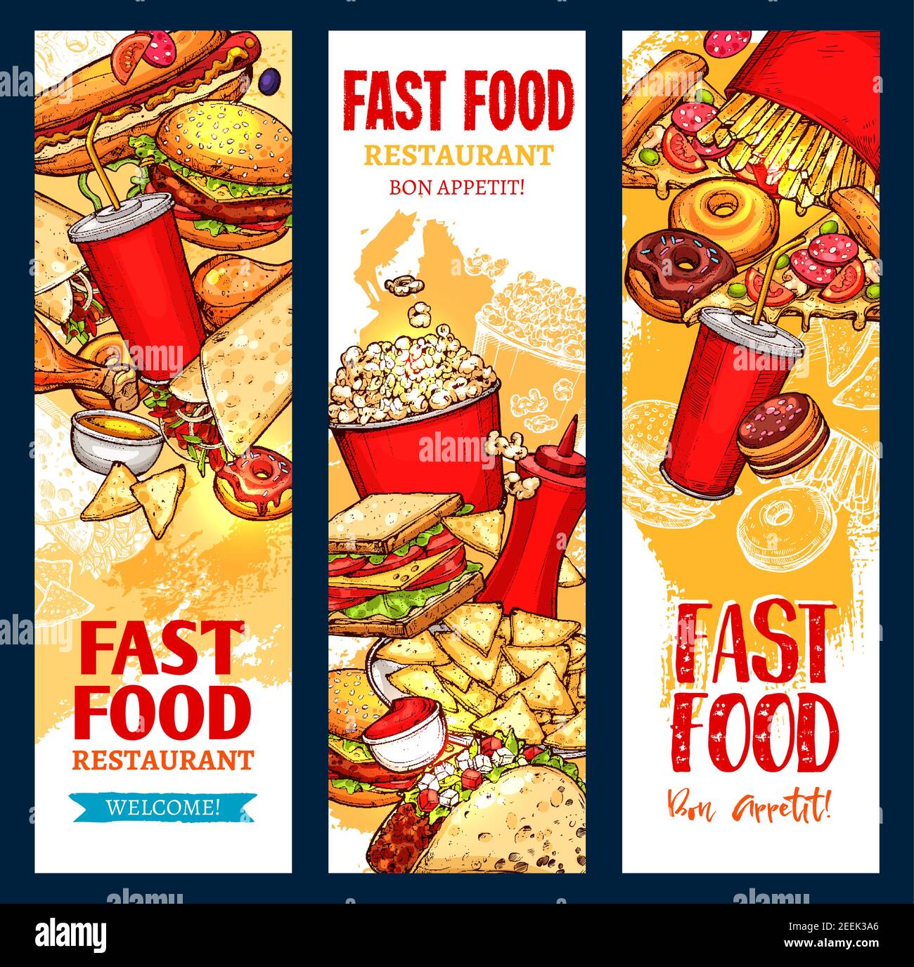 Banderoles de fast food ensemble de pizza, cheeseburger ou hamburger et ...