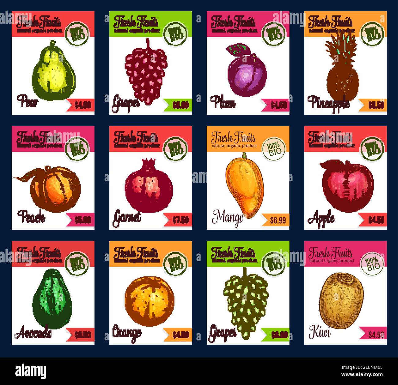 Cartes de prix des fruits pour le marché des fruits agricoles. Dessin ...