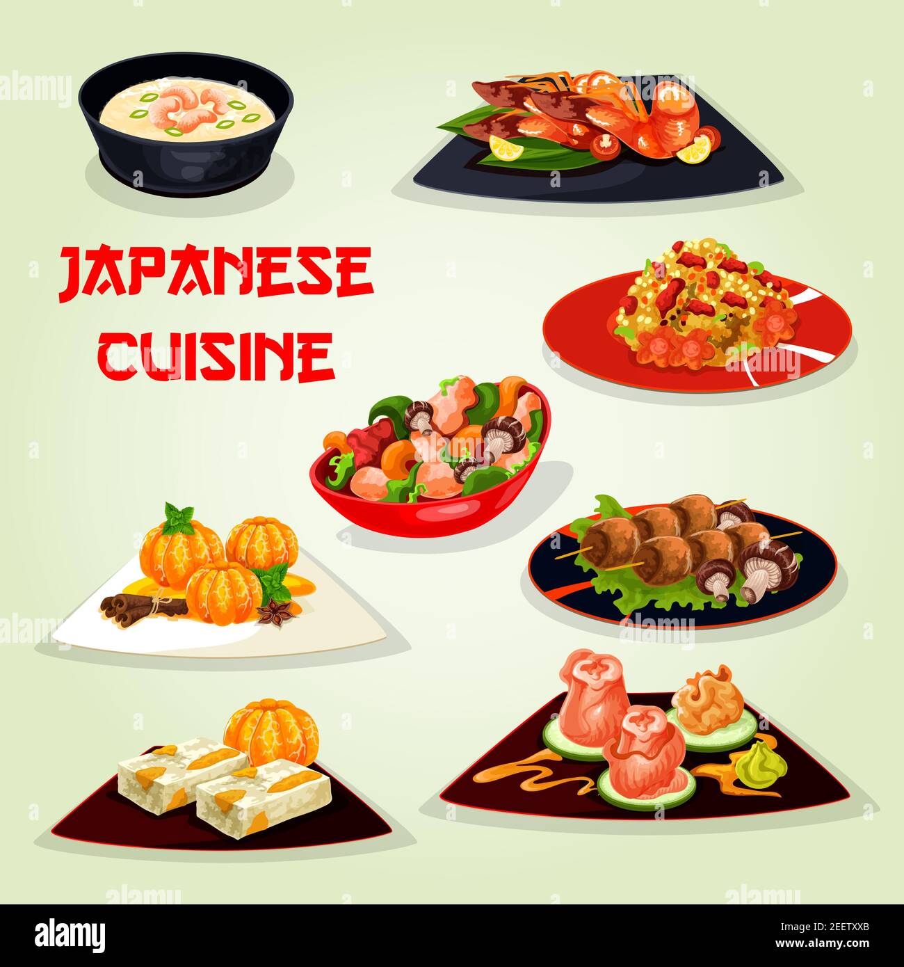 Menu de plats japonais pour le déjeuner. Soupe de fruits de mer aux ...