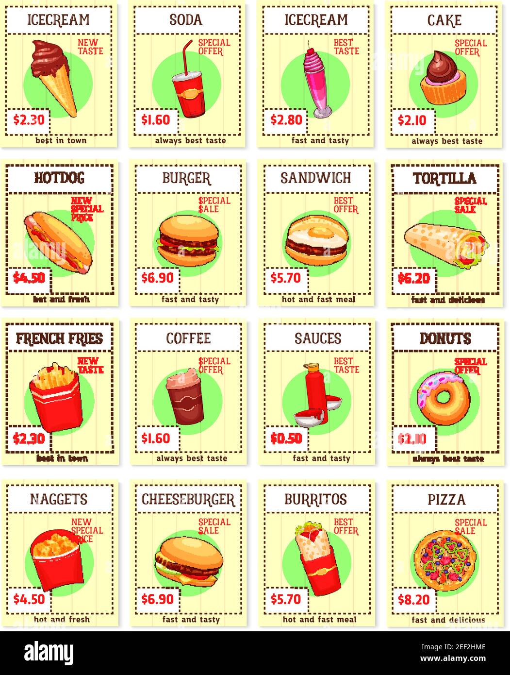 Repas rapides hamburgers et sandwichs ou desserts carte de prix dessin ...