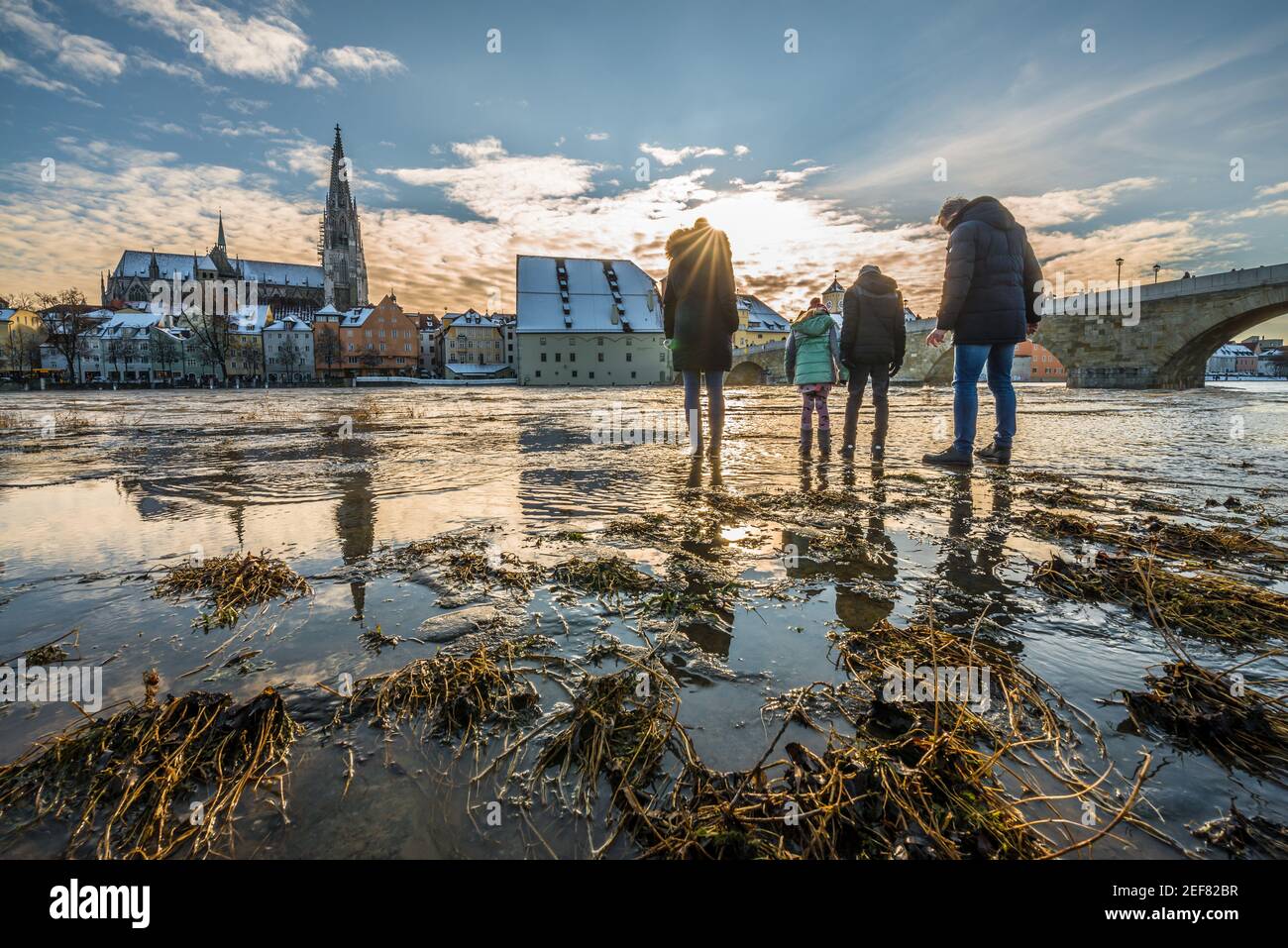 Coucher de soleil pendant l'inondation du Danube à l'hiver 2021 à ...