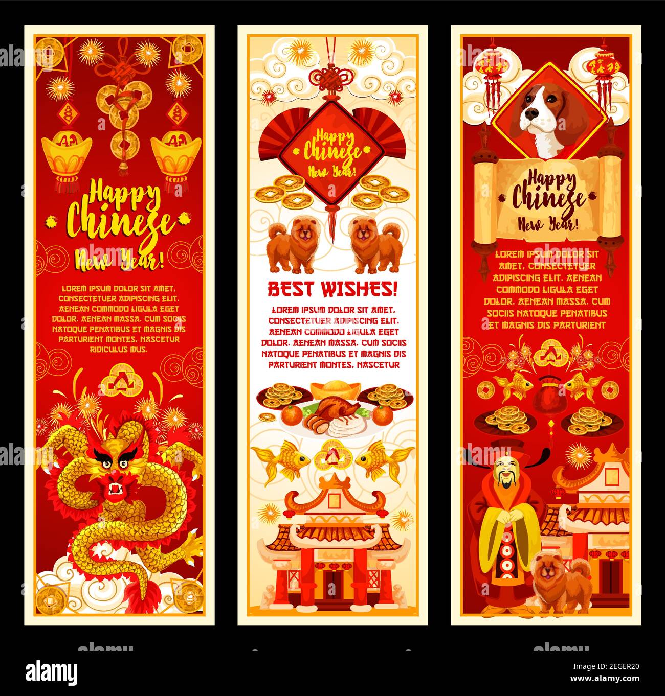 Joyeux nouvel an chinois banderoles de symboles et de décorations ...