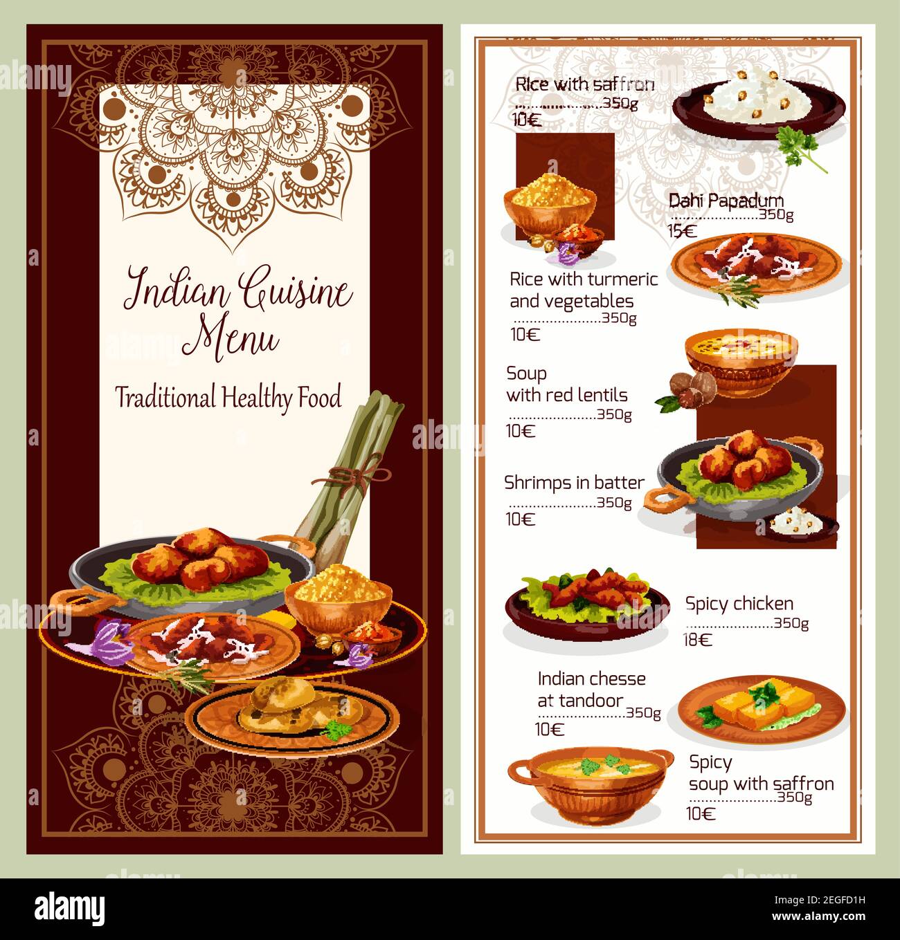 Modèle de menu de restaurant de cuisine indienne avec une liste de ...