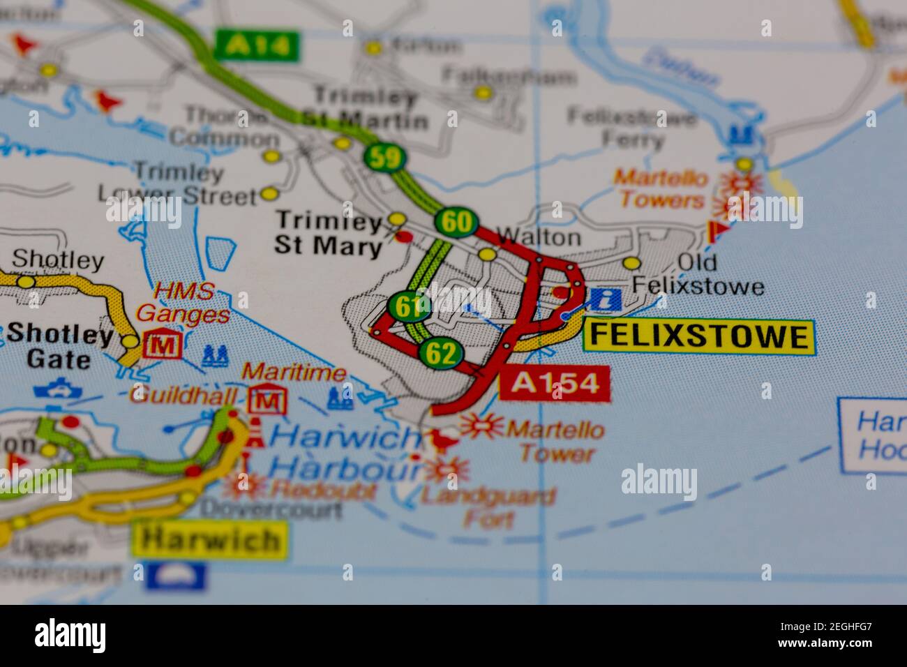 Felixstowe et les zones environnantes sur une carte routière ou carte ...