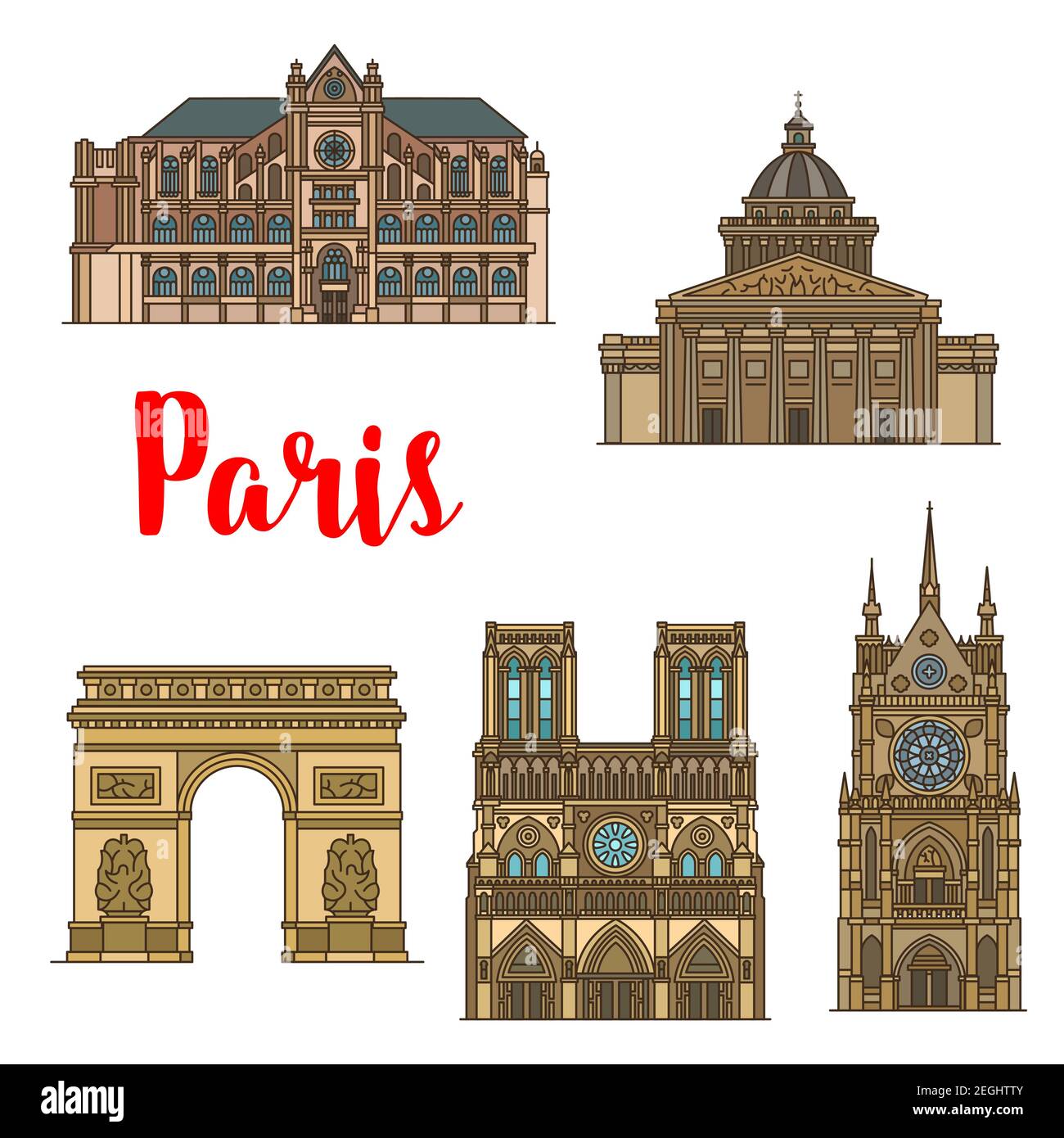 Icône de voyage français avec vue touristique de Paris. Arc de Triomphe ...