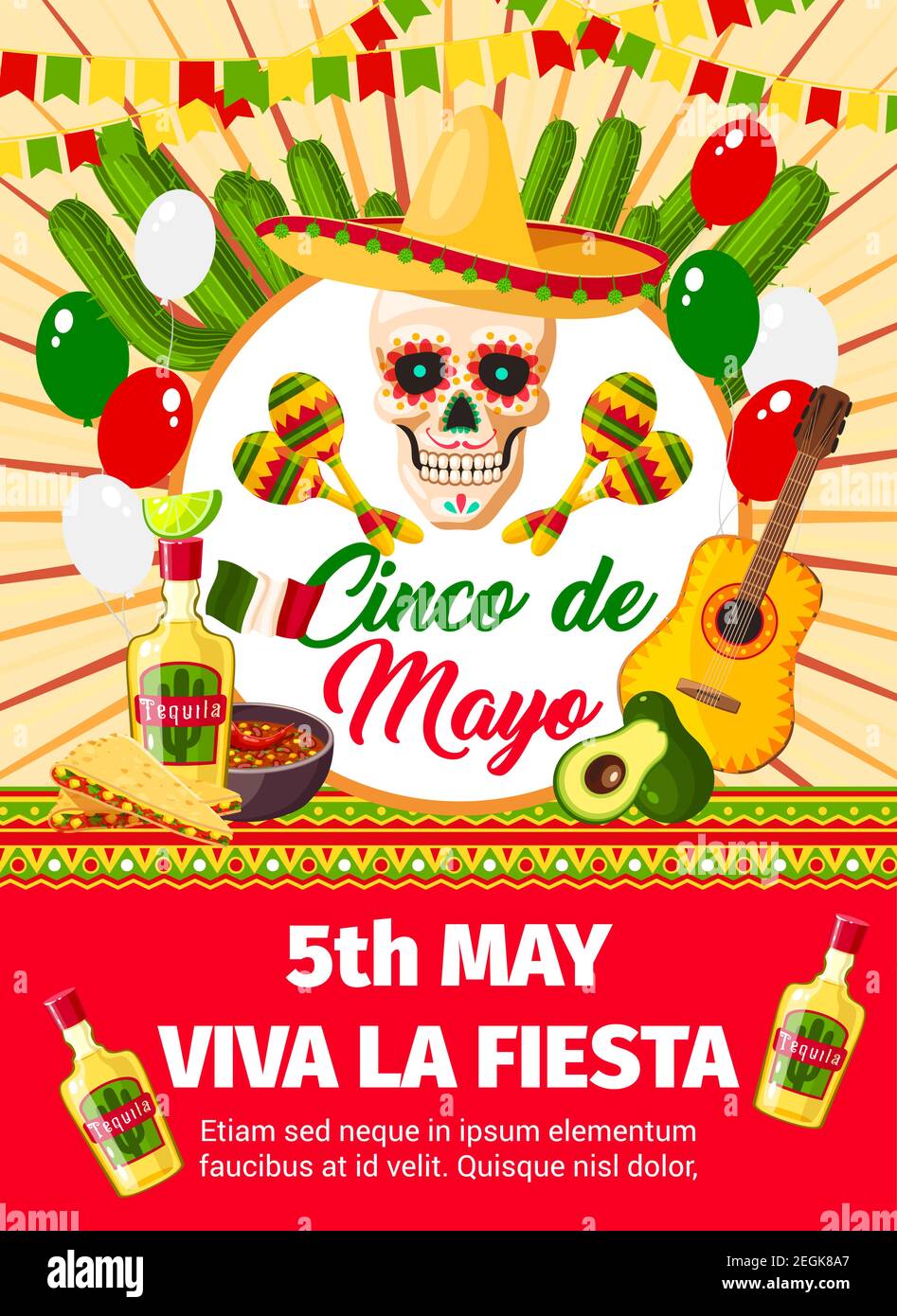 Carte d'invitation de fête ou de fête du crâne de Cinco de Mayo Fiesta ...