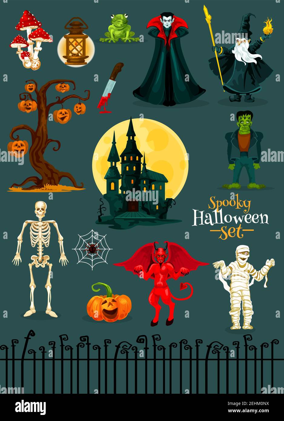 Ensemble de personnages monstres d'Halloween. Citrouille, maison hantée ...
