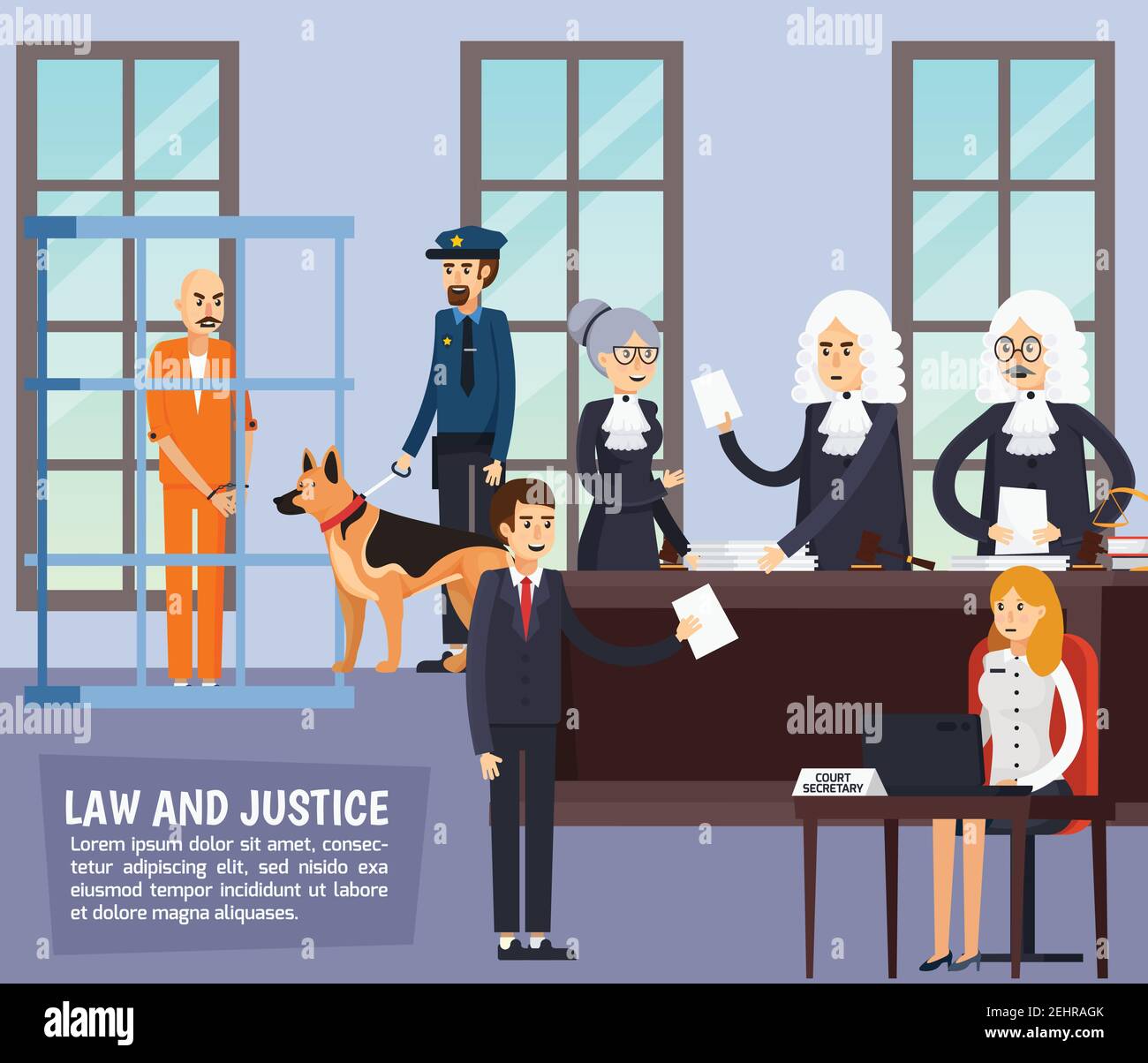 Salle d'audience composition orthogonale avec juge, avocats avec ...