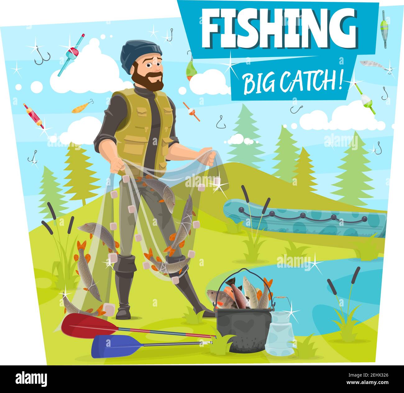 Pêche grande affiche de capture de pêcheur avec poisson dans le filet ...