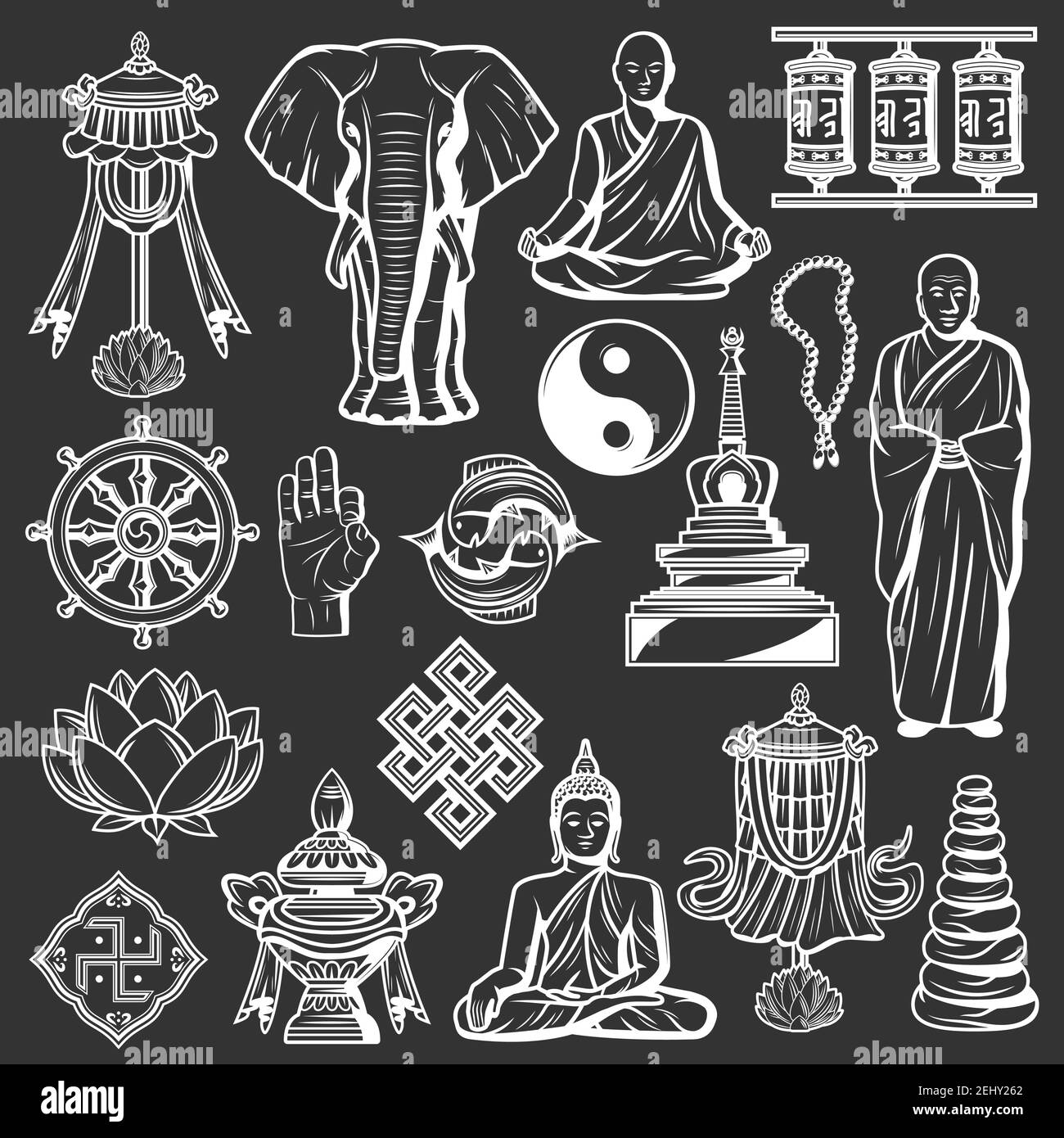 Bouddhisme symboles religieux, icônes de spiritualité. Vecteur Bouddha ...