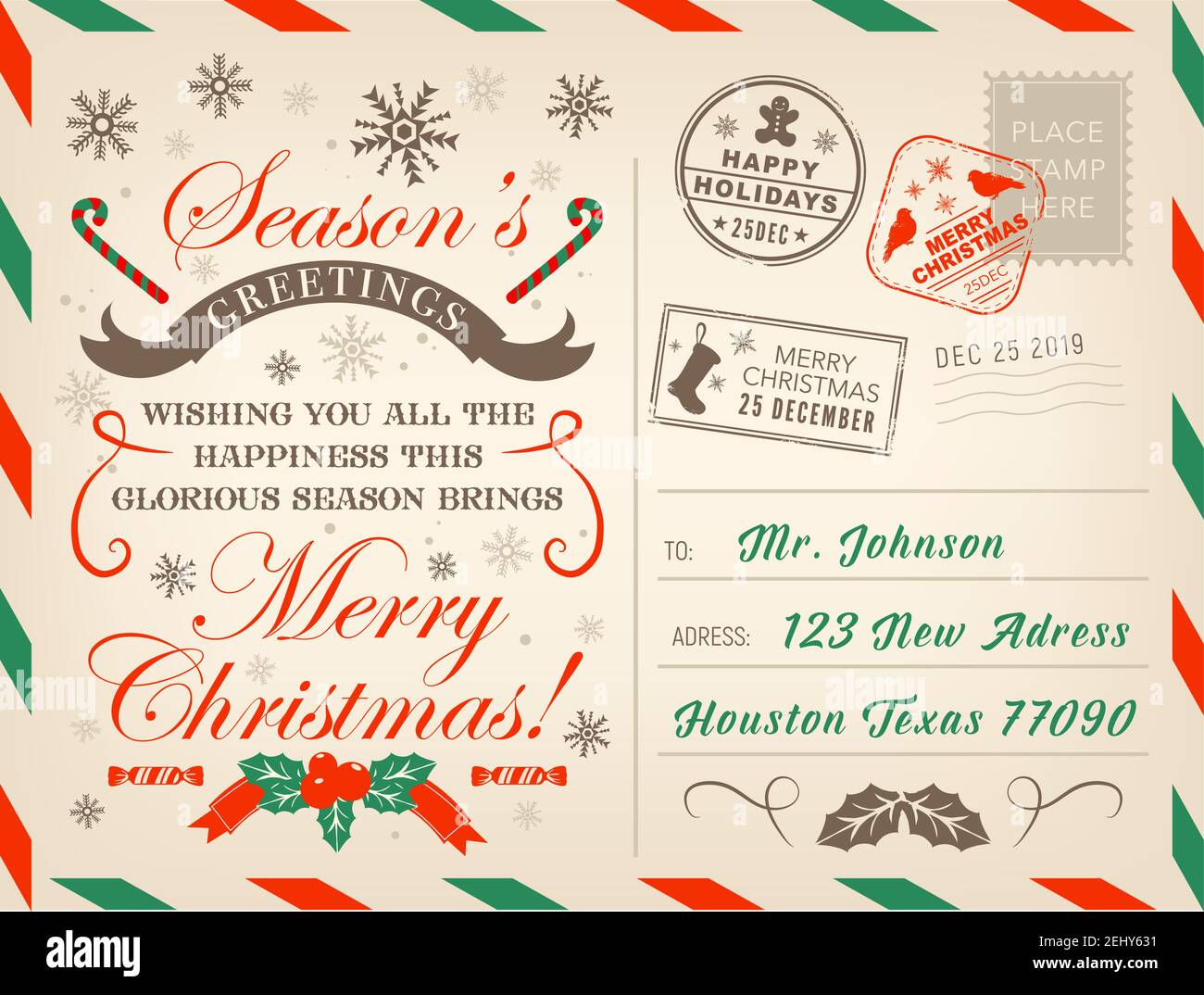 Carte postale ou lettre Joyeux Noël, voeux de Noël avec timbres ...