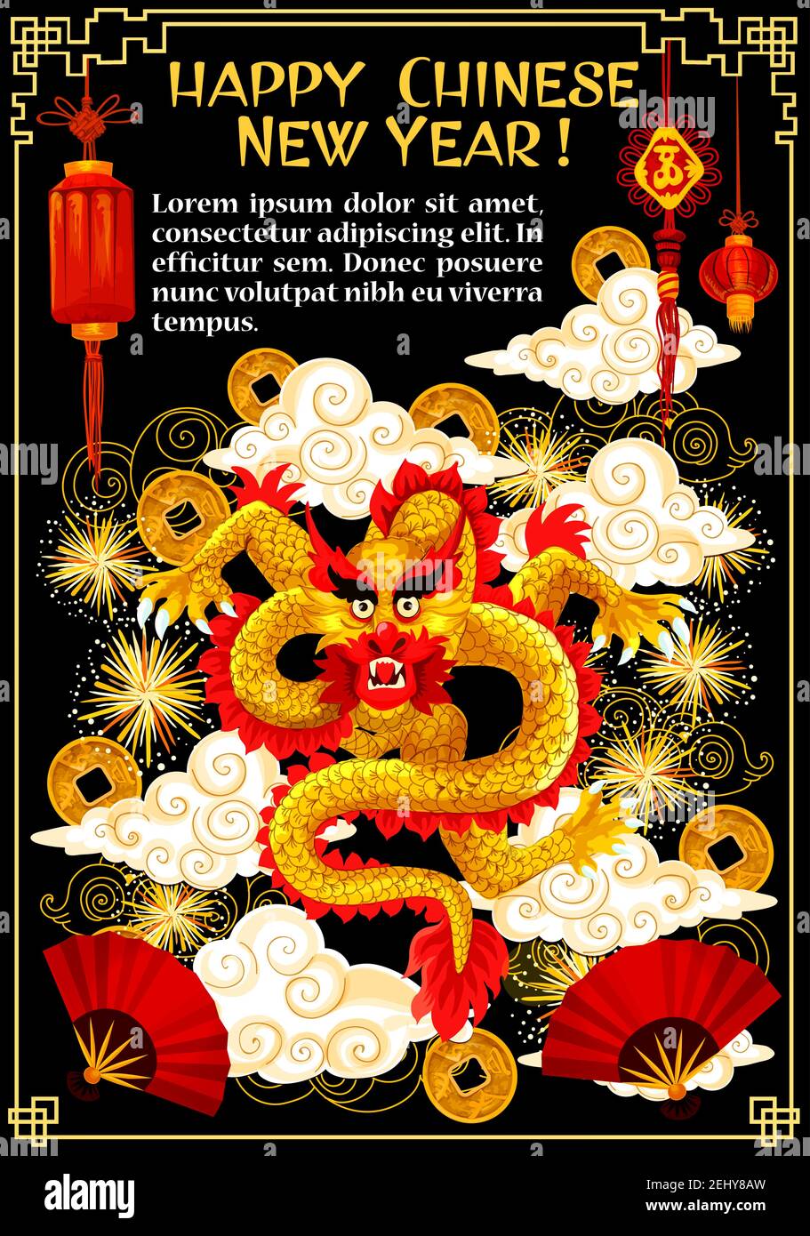 Carte de vœux du nouvel an chinois heureux de dragon d'or et symboles ...