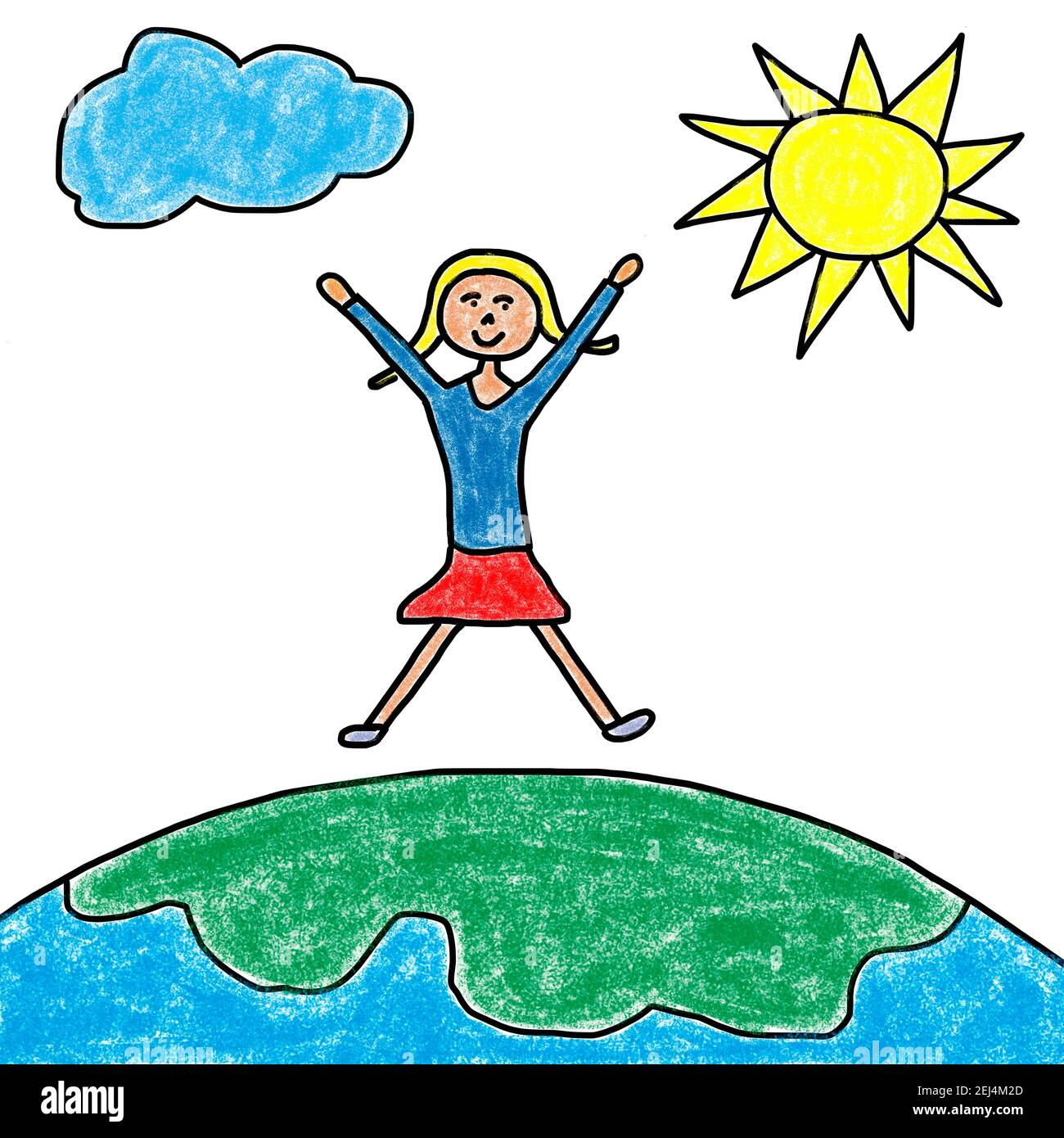 Illustration Naïve Dessin Denfant Fille Debout Joyeusement Sur La 7585