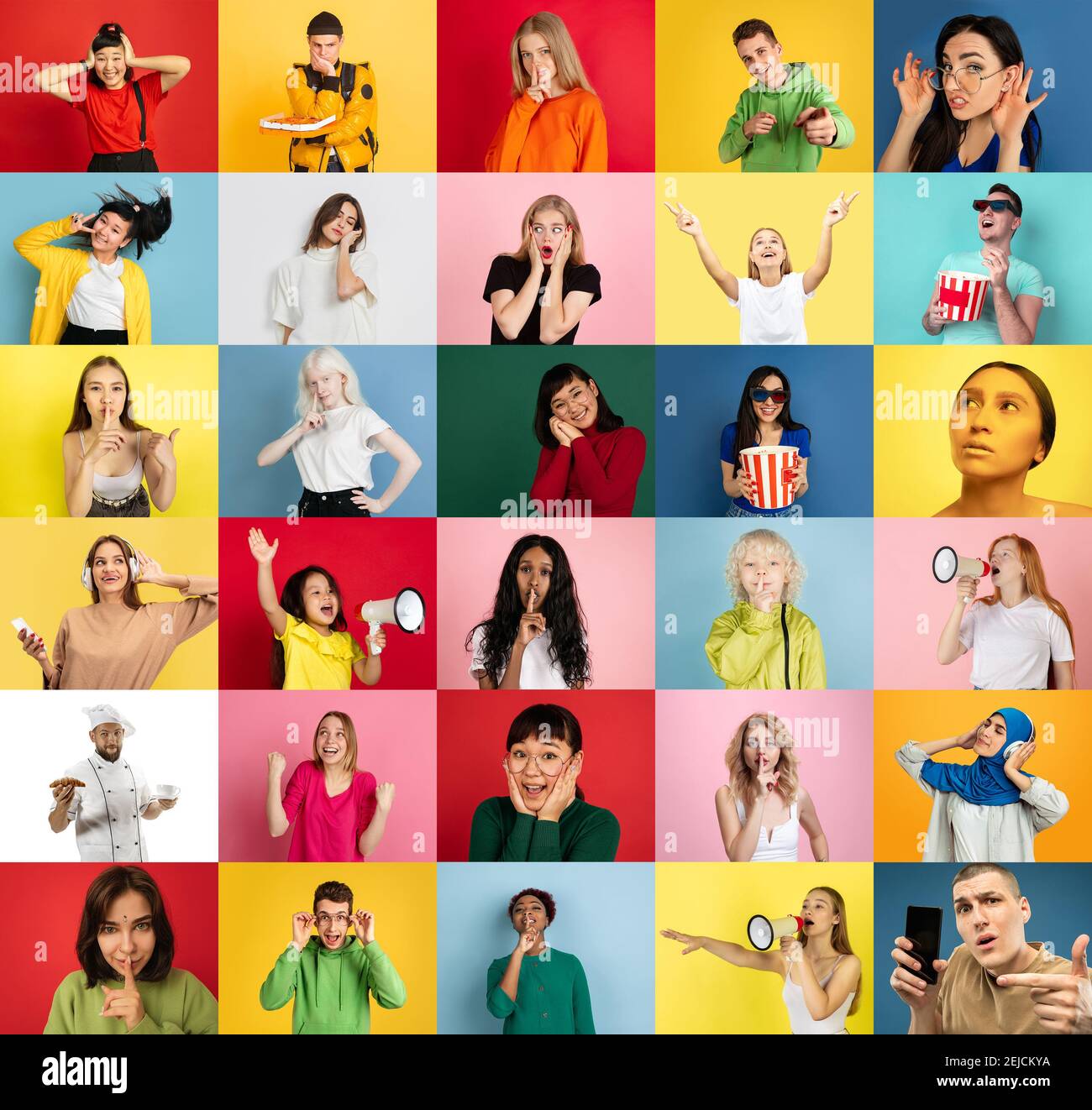 Collage de visages de 24 personnes émotionnelles sur des arrière-plans multicolores. Modèles ...