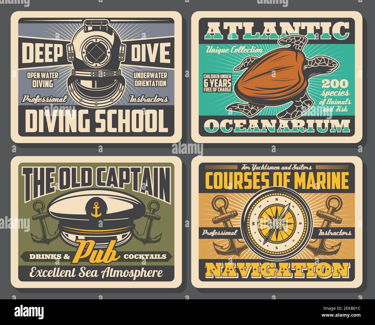 Affiches nautiques vintage avec symboles d'ancre marine et de compas ...