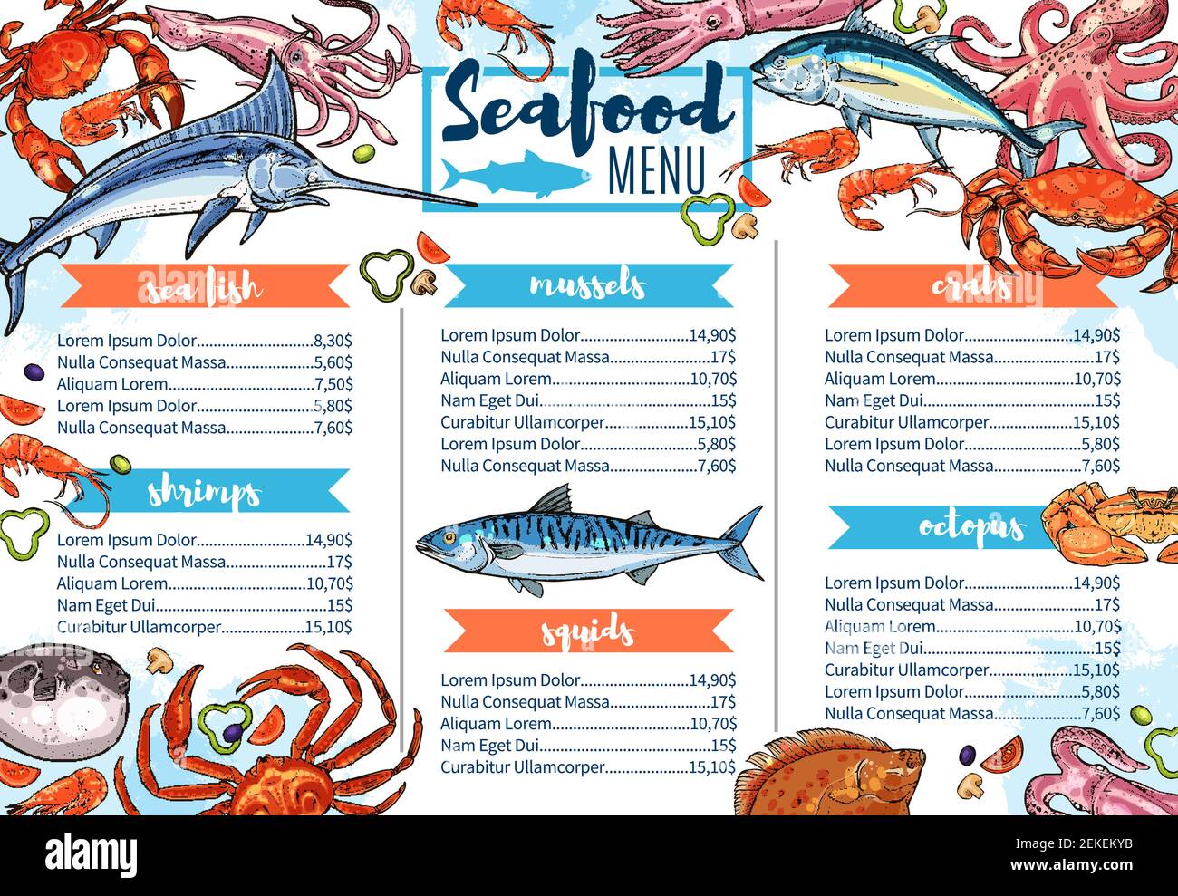 Le menu du restaurant de fruits de mer est composé de poissons de mer ...