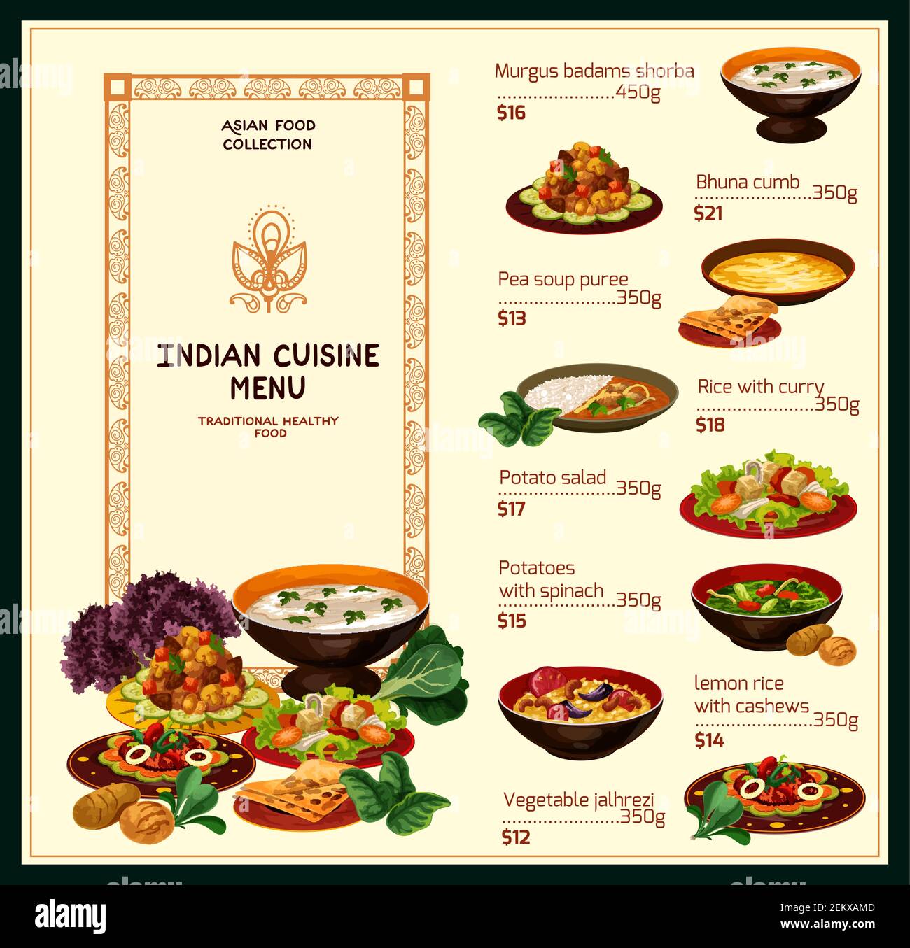 Menu du restaurant indien modèle vectoriel de riz avec curry de viande ...