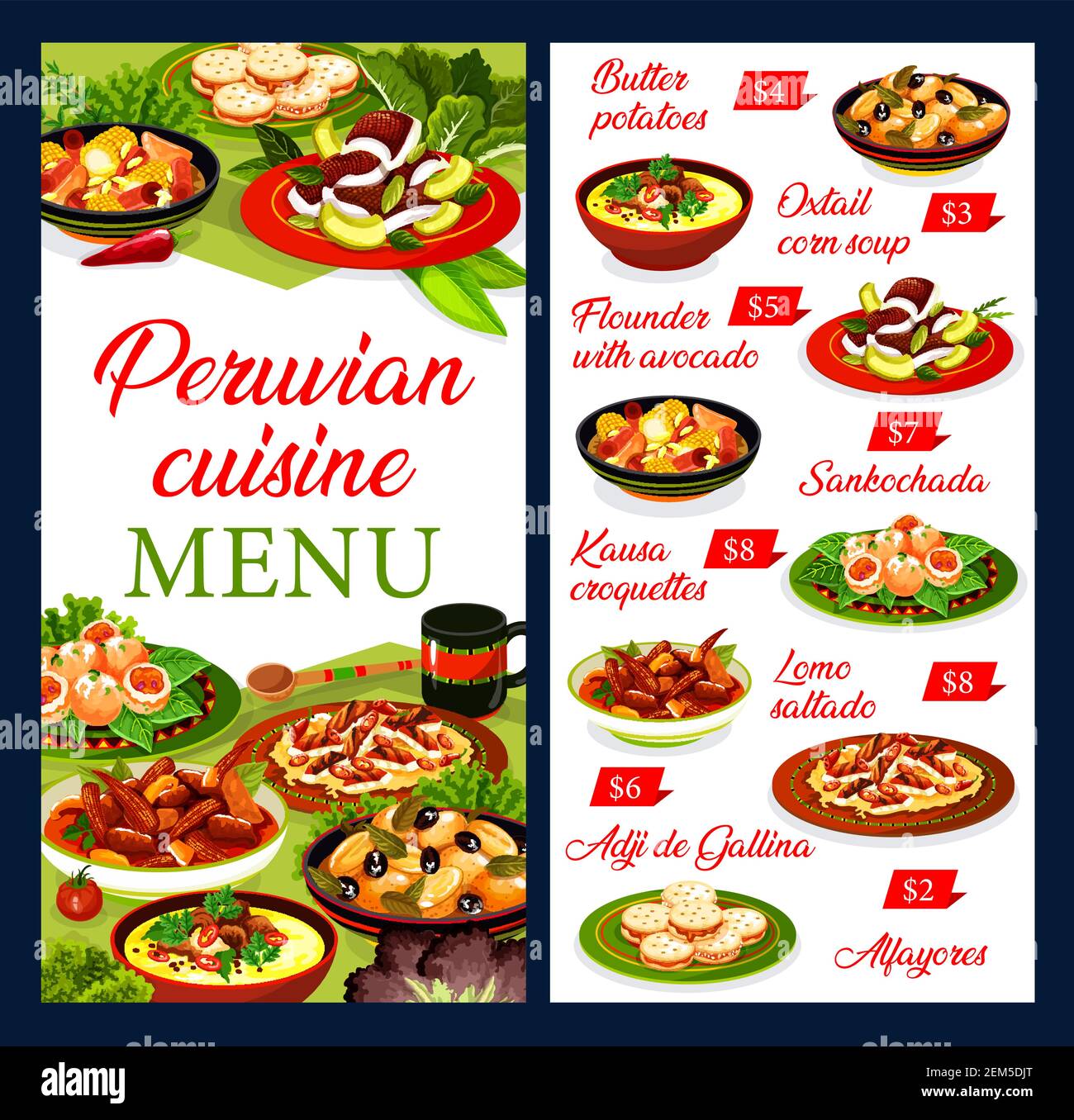 Modèle vectoriel de menu de restaurant péruvien avec viande de bœuf et ...