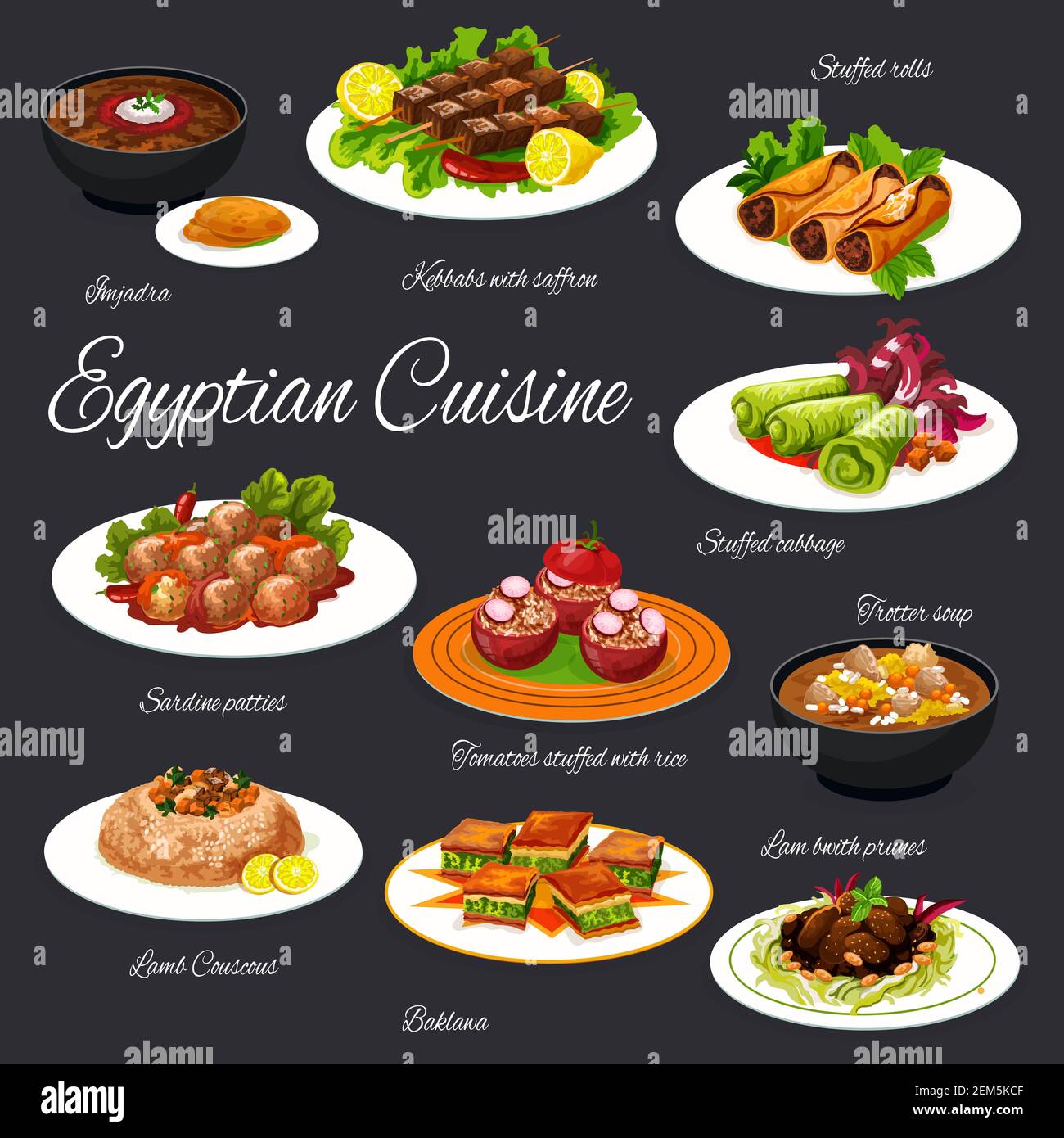 Modèle de menu vectoriel de repas de cuisine égyptienne. Imjadra ...