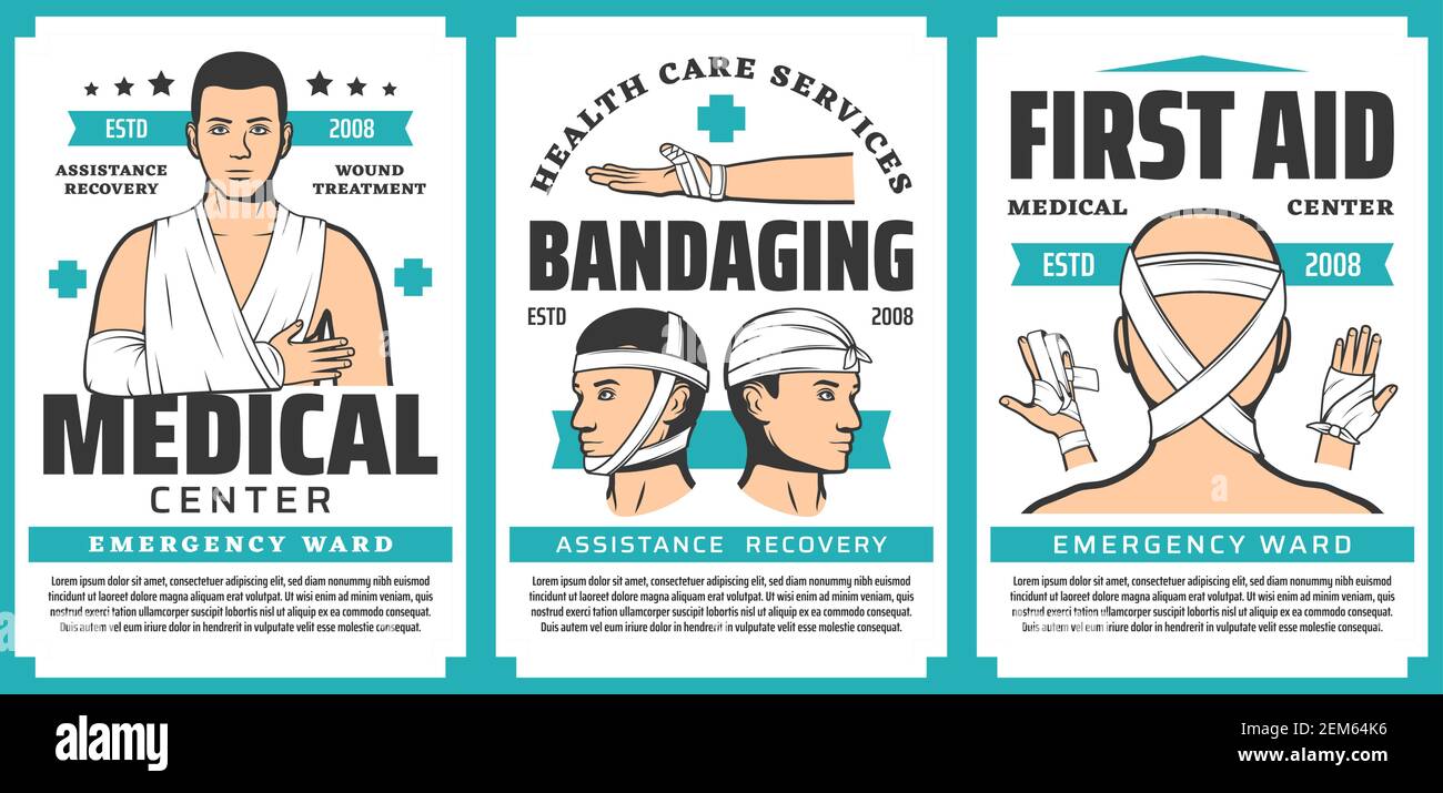 Premiers soins bandage de blessures corporelles posters médicaux de la ...