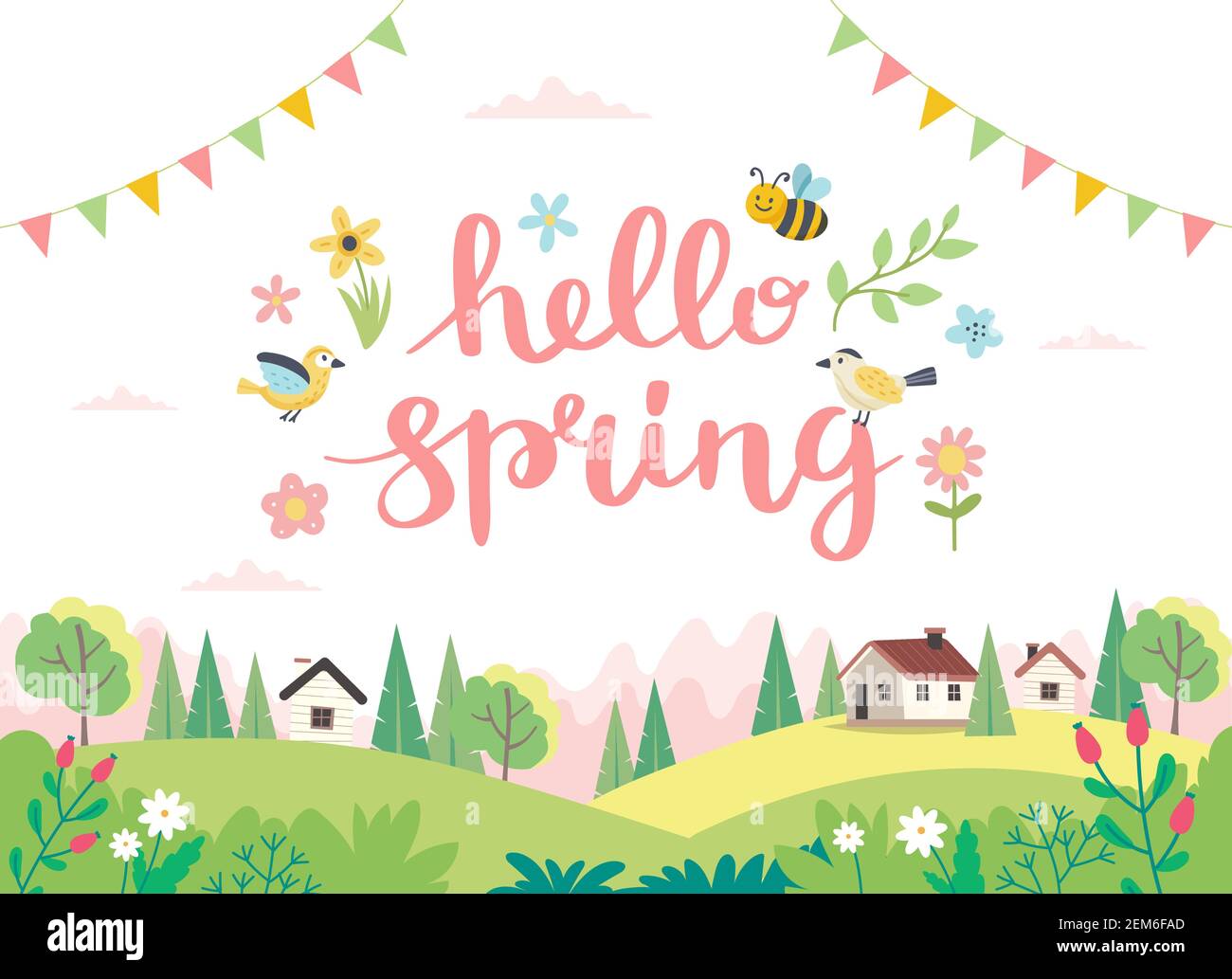 Carte Hello Spring avec lettrage et paysage mignon. Dessin animé plat ...