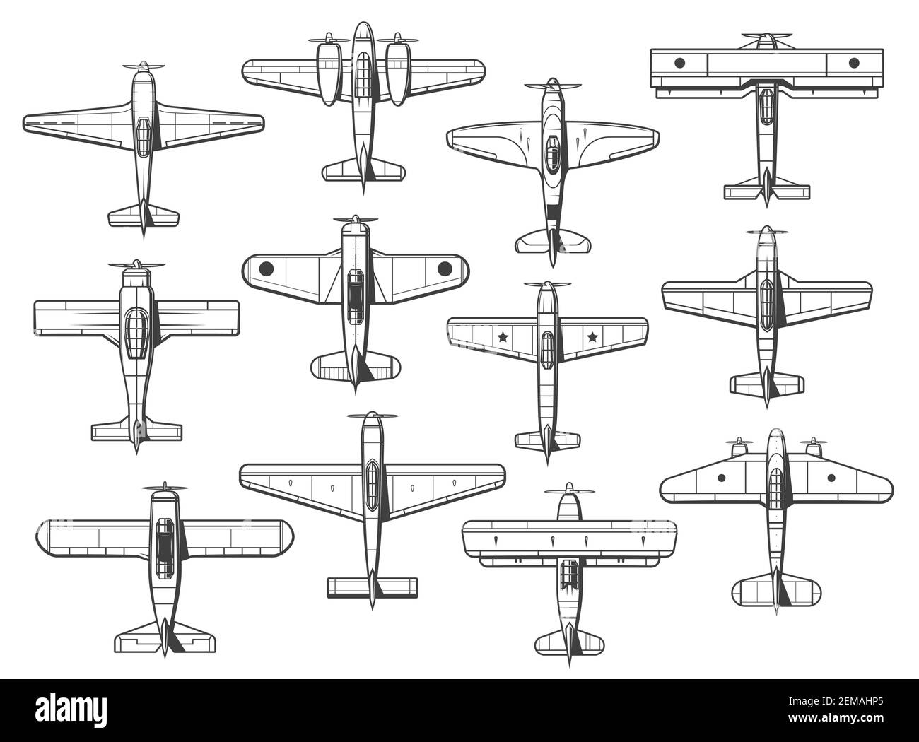 Icônes de plan, avion et avion rétro hélice, vue de dessus de vecteur ...