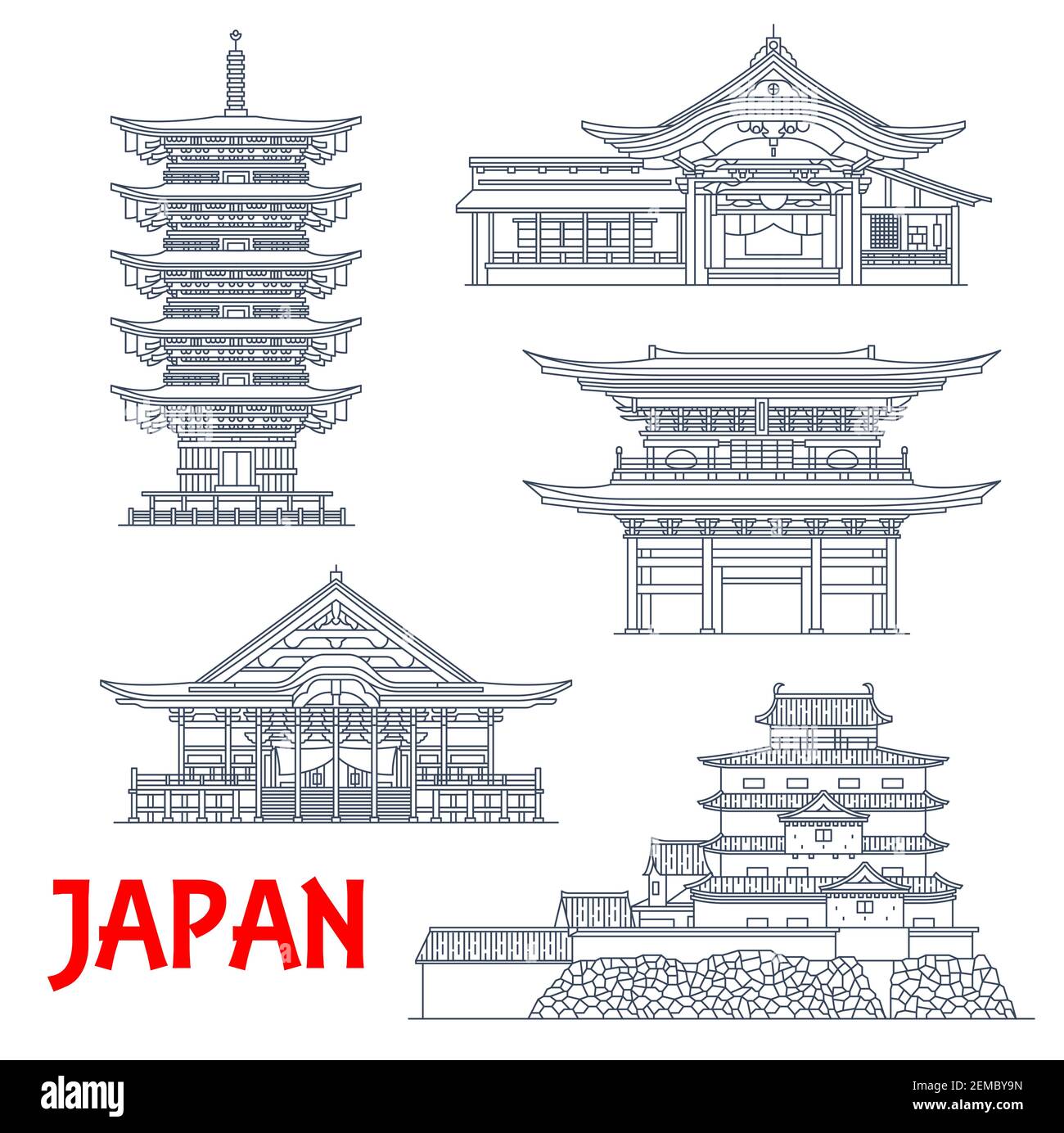 Temples japonais, bâtiments de pagode japonaise à Kamakura et Yamagata ...