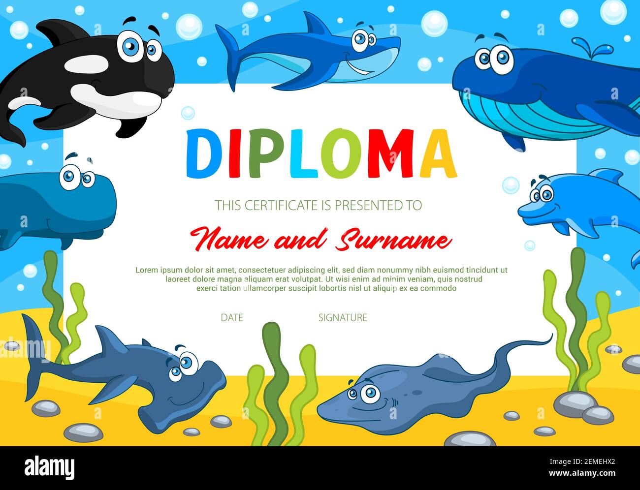 Modèle de vecteur du diplôme d'enfant avec animaux de mer, éducation ...