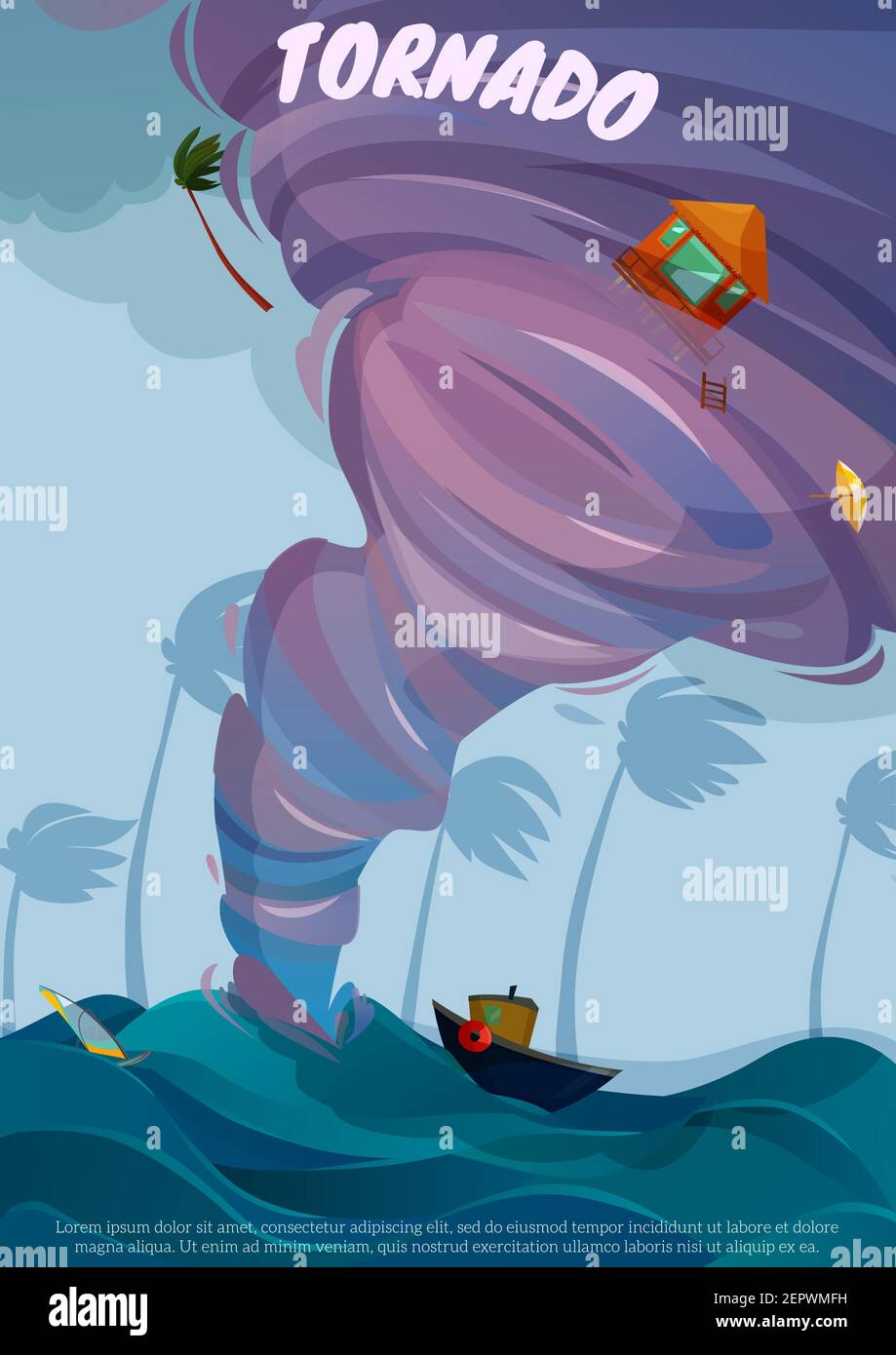 Affiche paysage de bord de mer avec symbole de tornade et de bateau ...