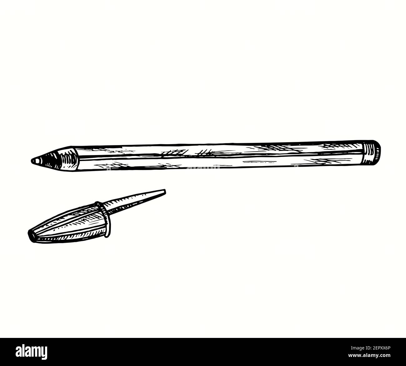 Stylo tracé à la main avec capuchon, vue latérale.Dessin noir et blanc ...