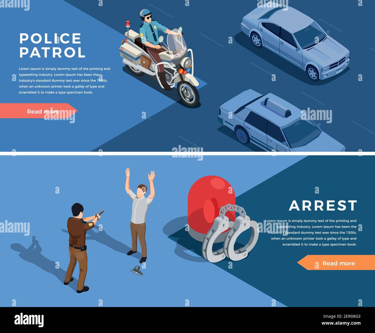 Banderoles horizontales isométriques de police avec symboles de ...