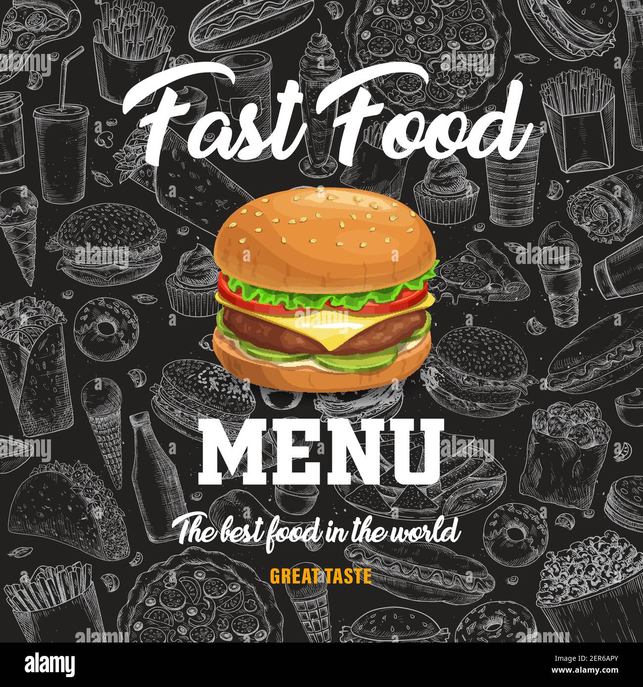Menu de fast food avec hamburger sur fond noir et tableau noir avec ...
