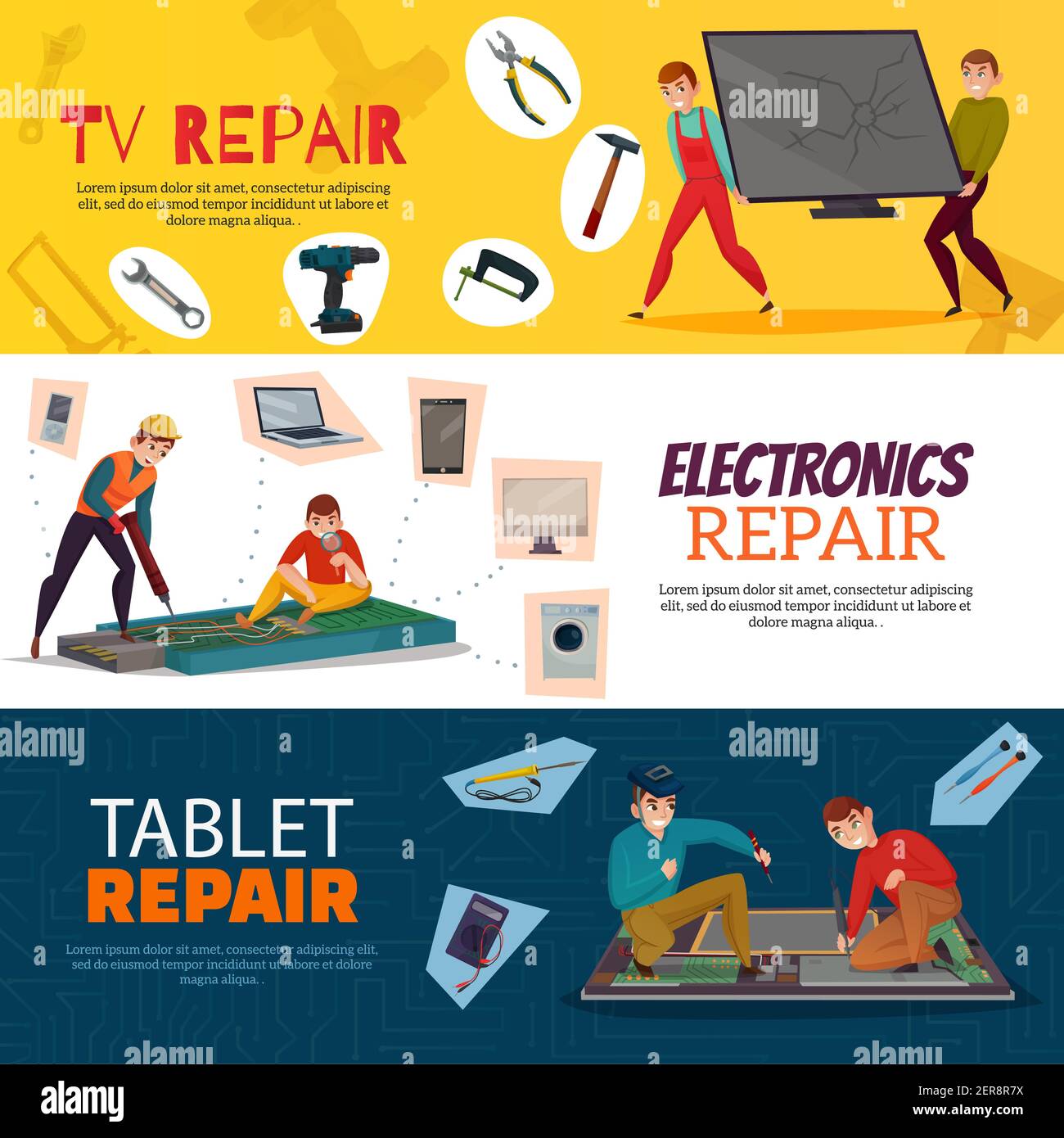 Banderoles horizontales de réparation électronique avec téléviseur et ...