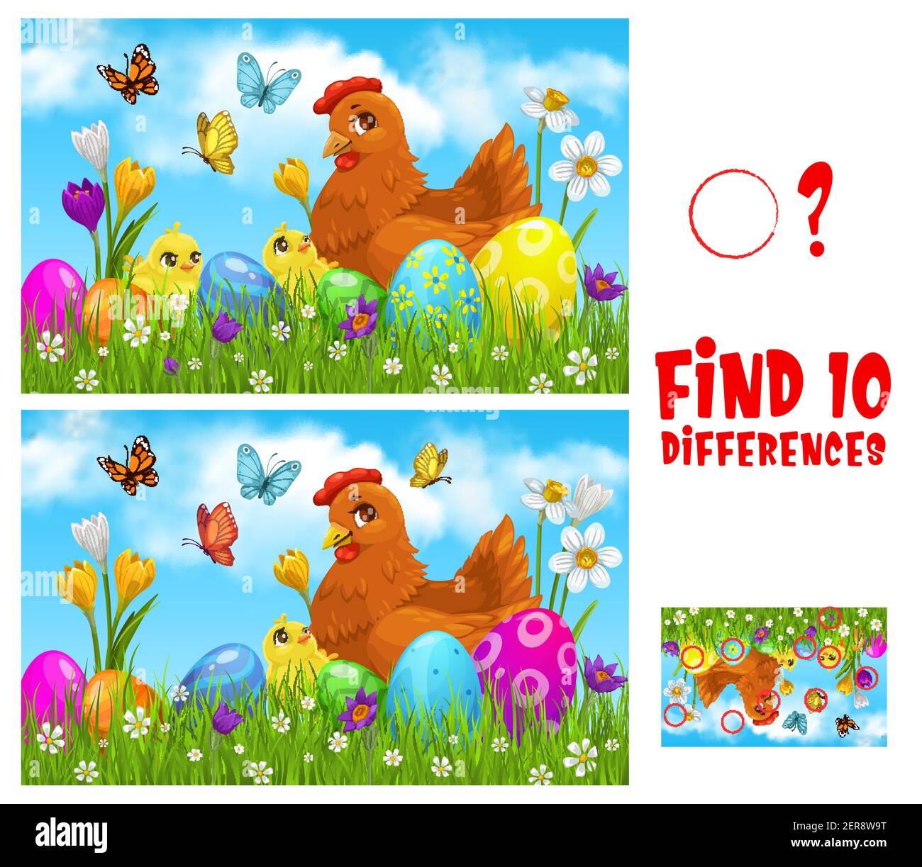 Jeu pour enfants trouver dix différences avec le poulet de dessin animé ...