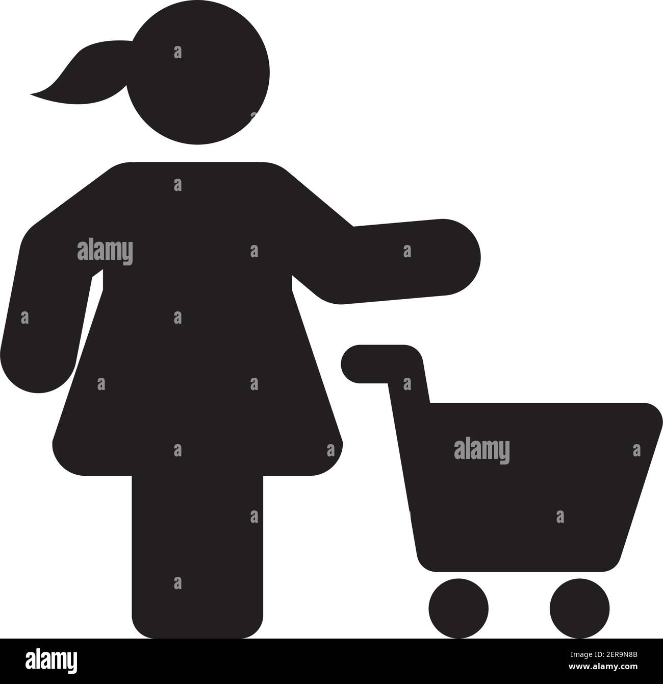 Icône d'achat vecteur femme avec symbole de panier dans un illustration ...