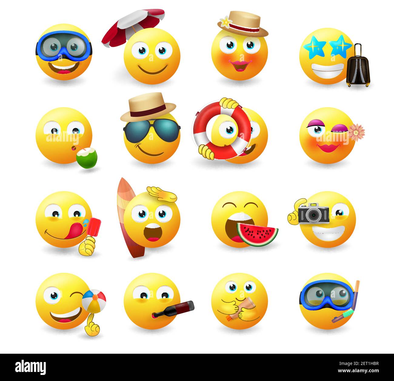 Ensemble de vecteurs d'émoticônes estival Smileys. Émotiji smiley en ...