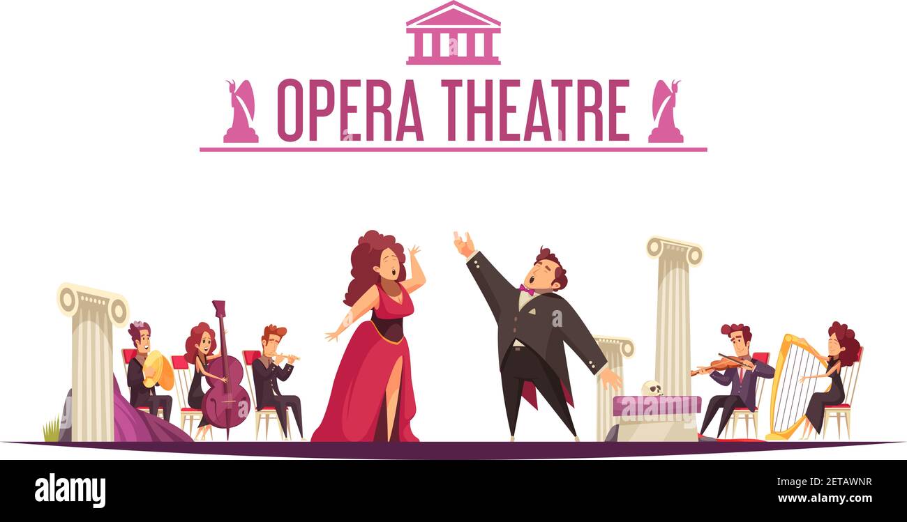 Opéra théâtre première annonce affiche de dessin animé plate avec 2 ...