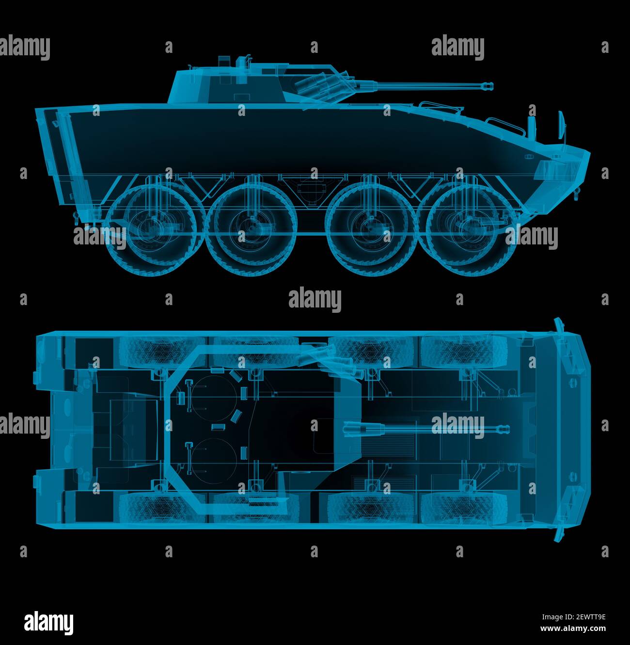 porte-militaires blindé avec vue latérale supérieure à rayons x. rendu ...