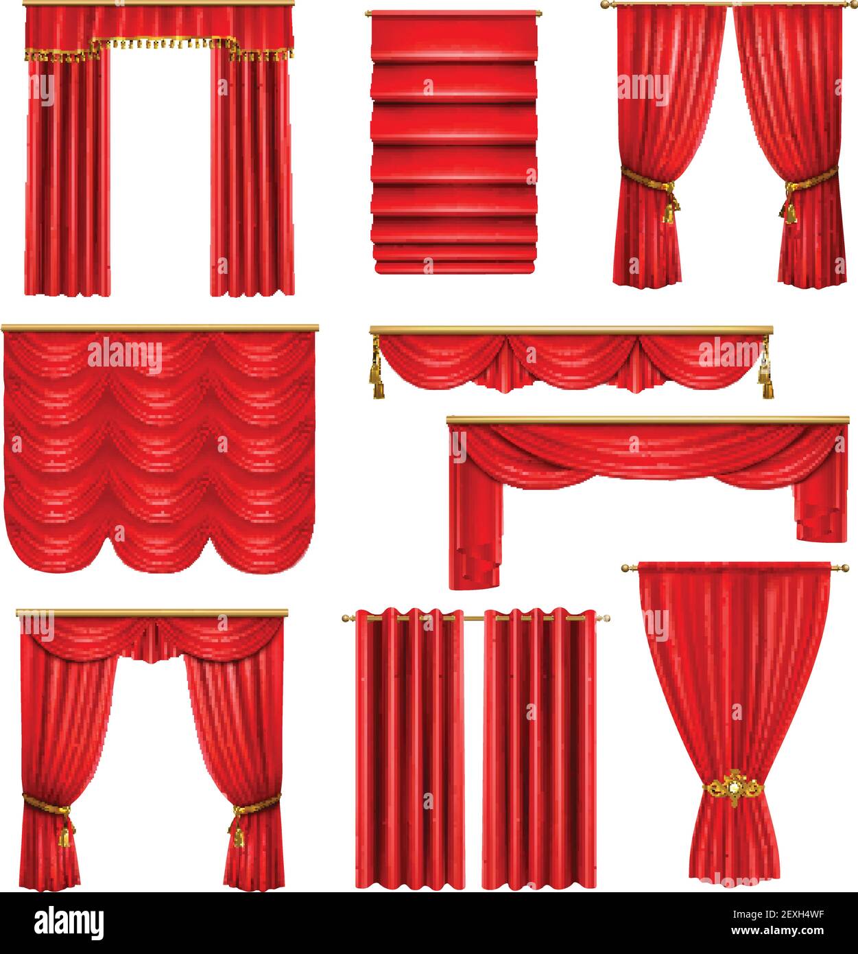 Ensemble de rideaux rouges de luxe réalistes de différents motifs ...